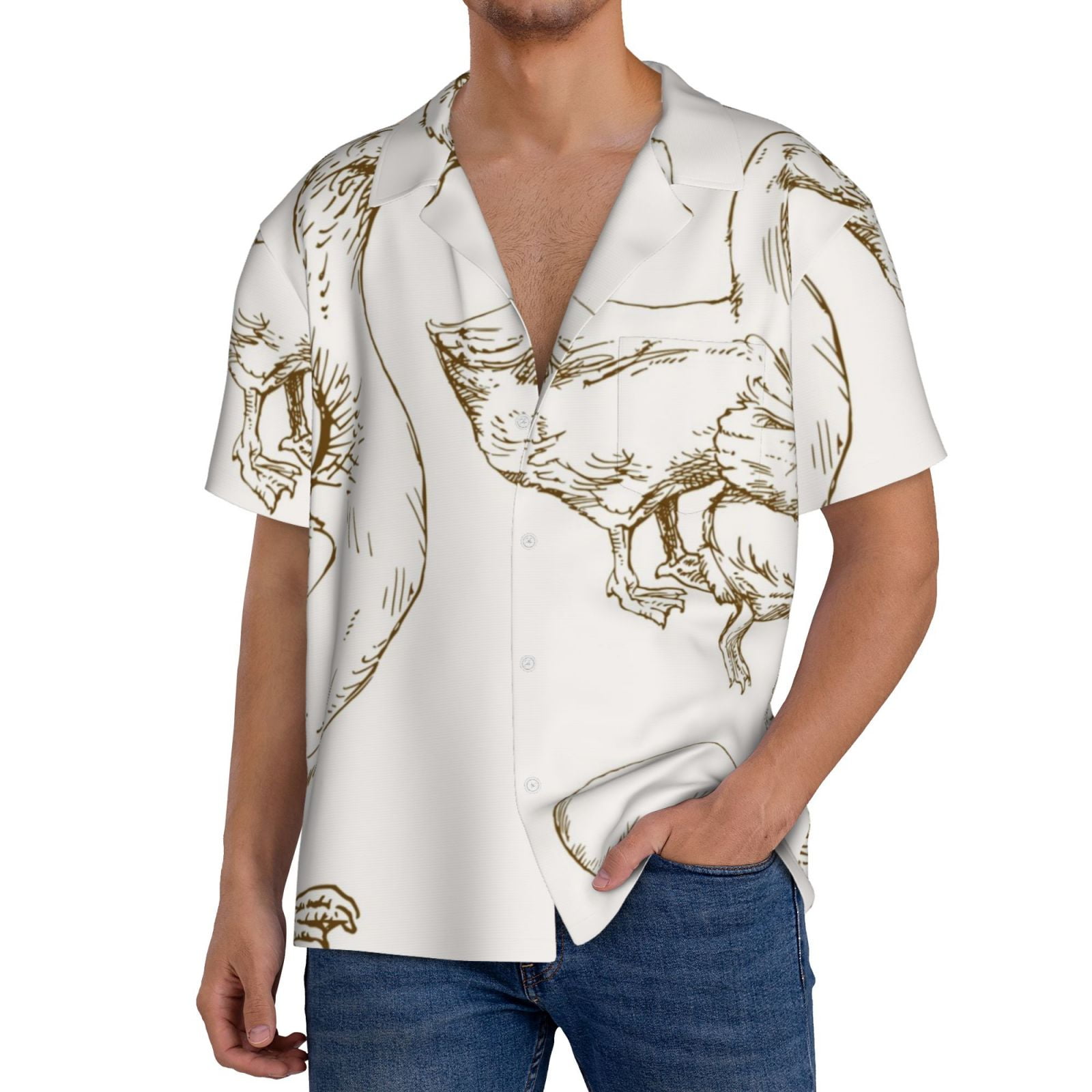 Naloa Hand Drawn Goose Men's Loose Fit Cuban Collar Short-Sleeve Shirt ...