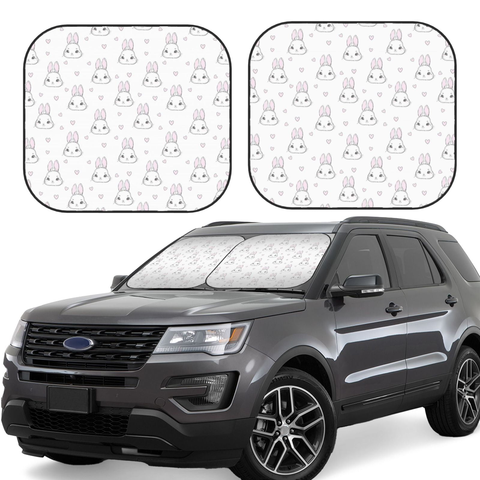 Naloa Heart Rabbit Print 2-Piece Windshield Sunshade,Foldable Car Front ...