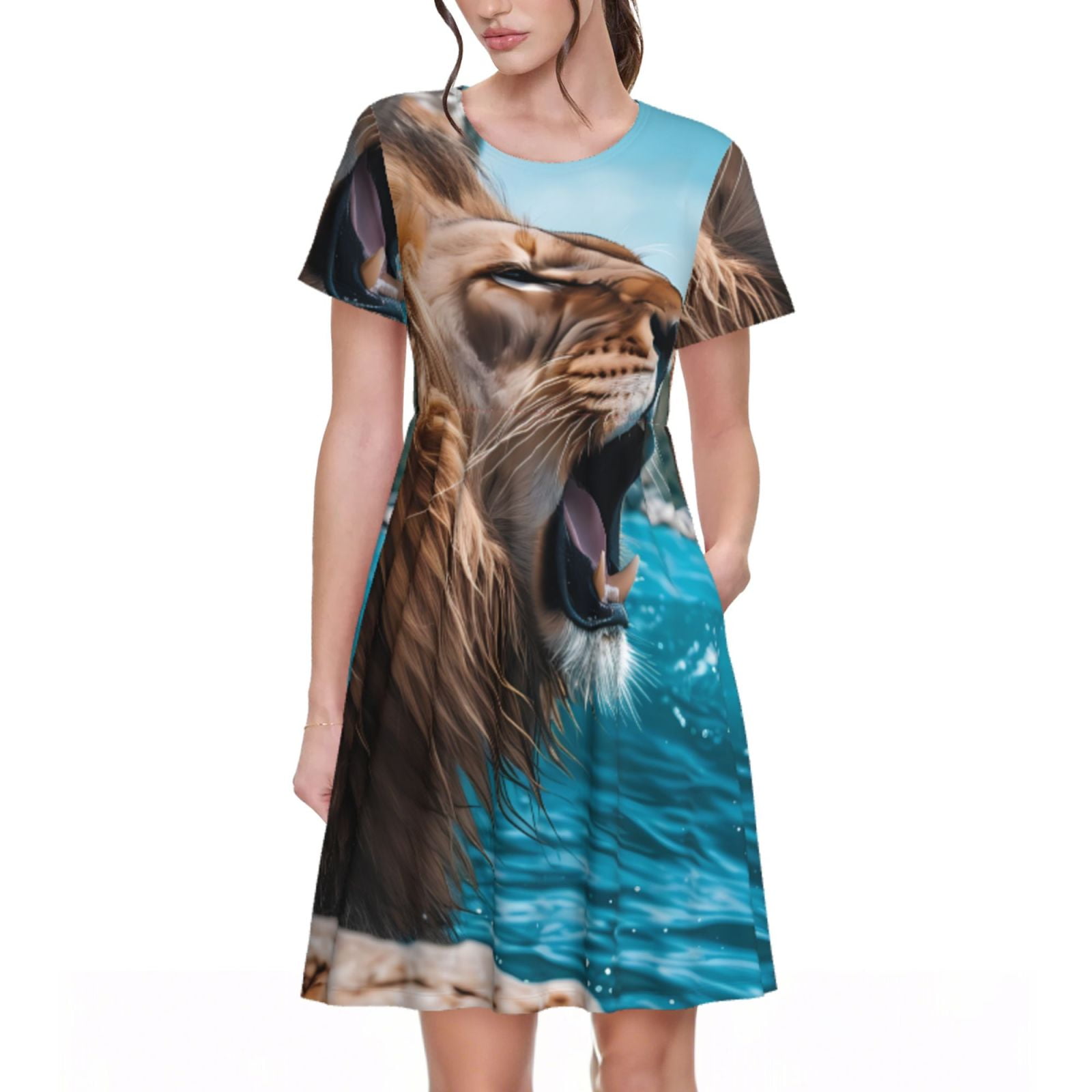 Naloa Ice Blue Coastal Lion Print Womens Summer A-Line Dress with ...