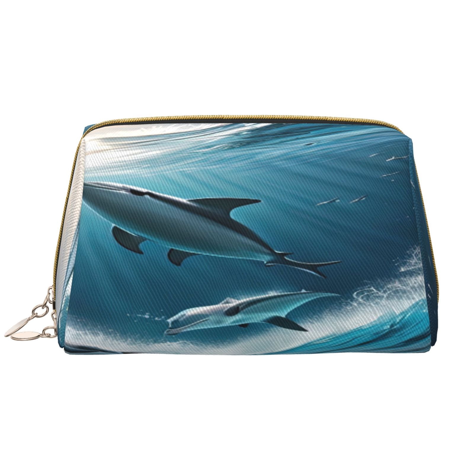 Naloa Ice Blue Ocean Cute Dolphin A Leather Makeup Bag for Purse Travel ...
