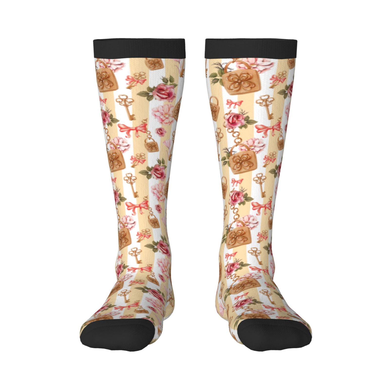 Naloa Key Lock And Flowers Knee Socks, High Socks Long Stretchy Sock ...