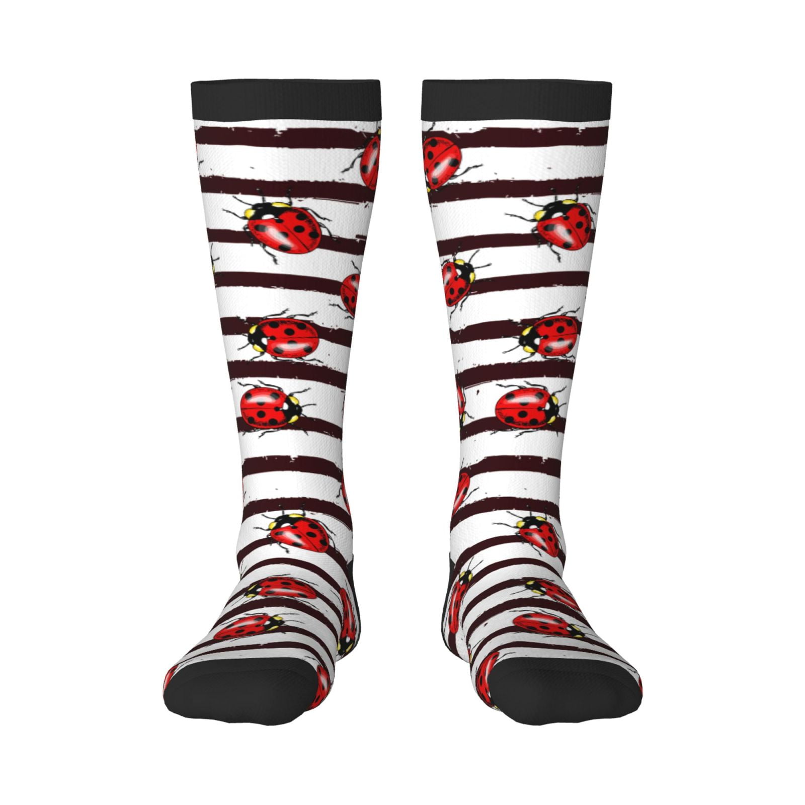 Naloa Ladybugs on Black and White Striped1 Thigh High Socks Extra Long ...