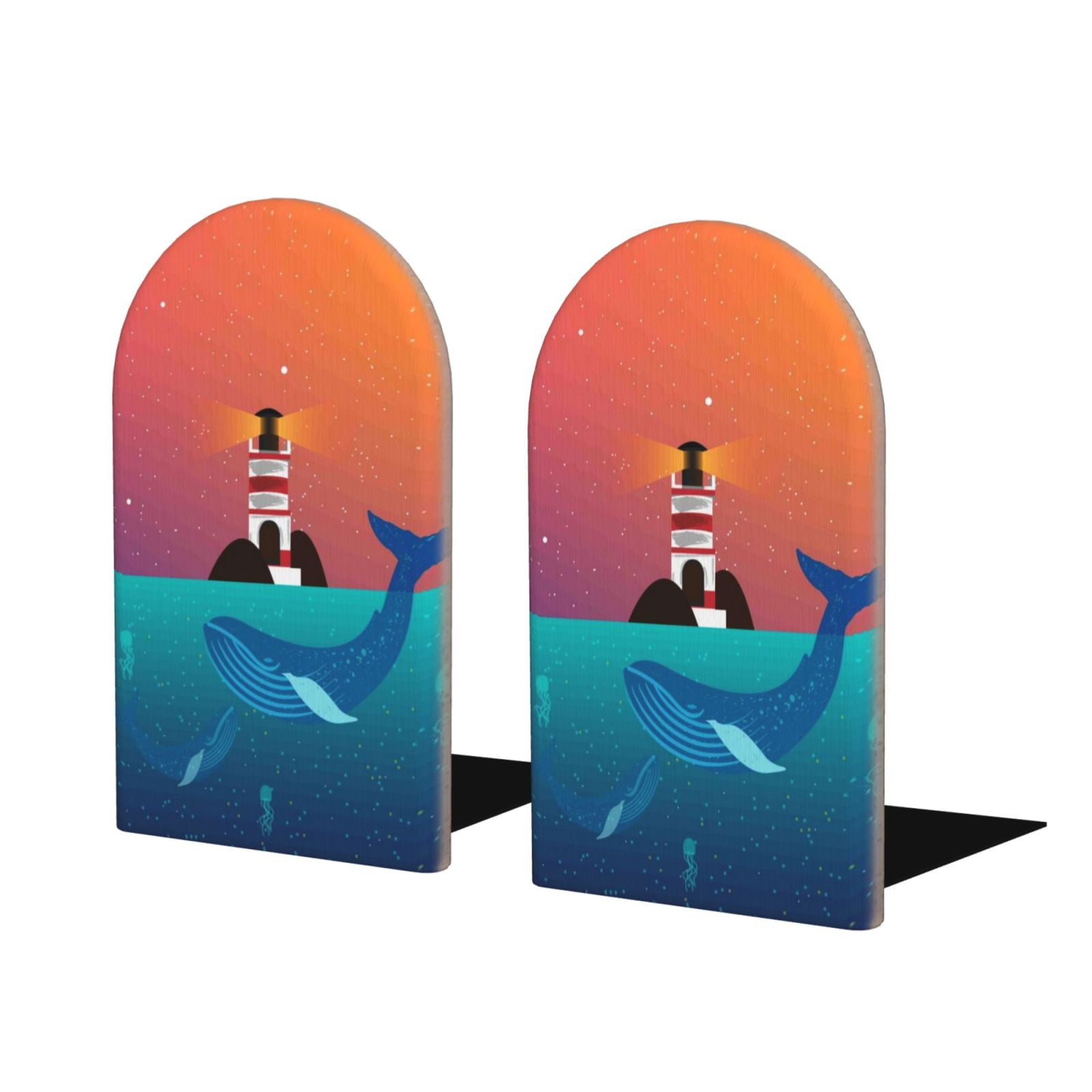 Naloa Lighthouse and Whale Wood Non-Skid Bookend for Shelves,Book Ends ...
