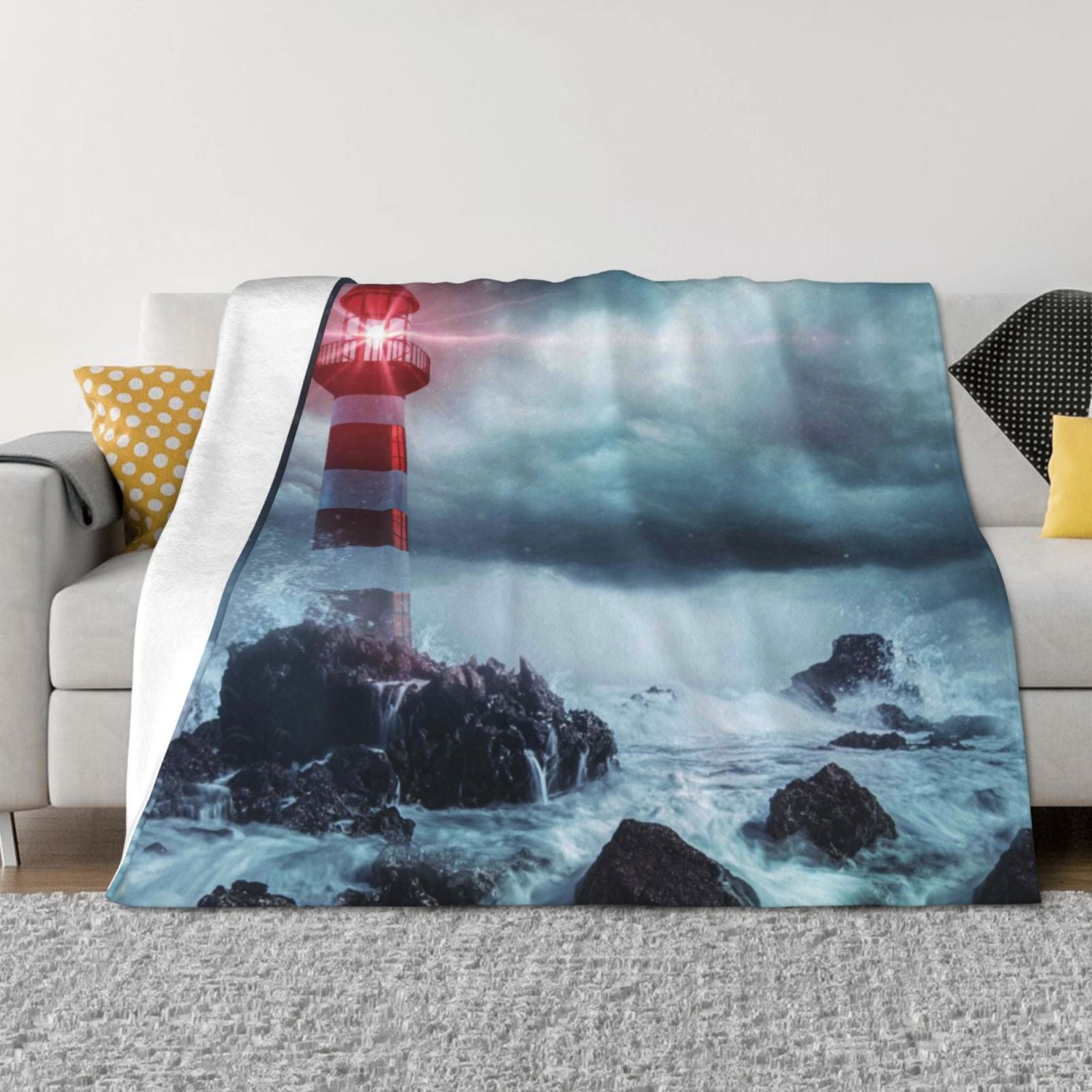 Naloa Lighthouse in a Stormy Sea Flannel Blankets - Thick and Warm ...