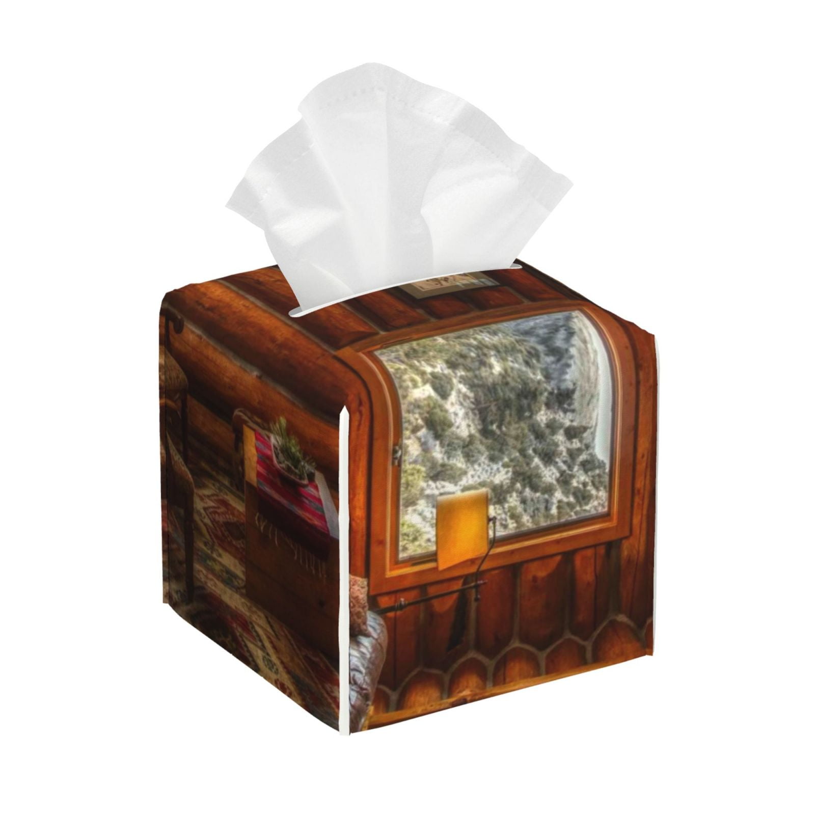 Naloa Log Cabin Inside Tissue Box CoverLeather Tissue Holder Square ...
