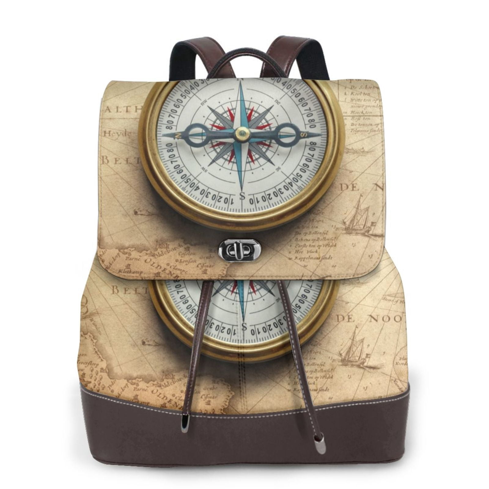 Naloa Magnetic Old Compass On World Map Print Leather Backpack Purse ...