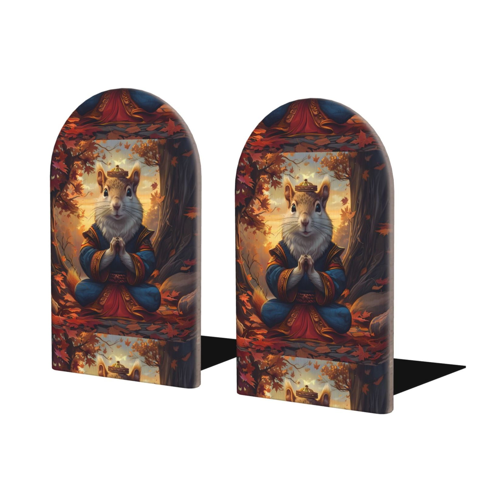 Naloa Maple Leaf Meditating Squirrel Wood Non-Skid Bookend for Shelves ...