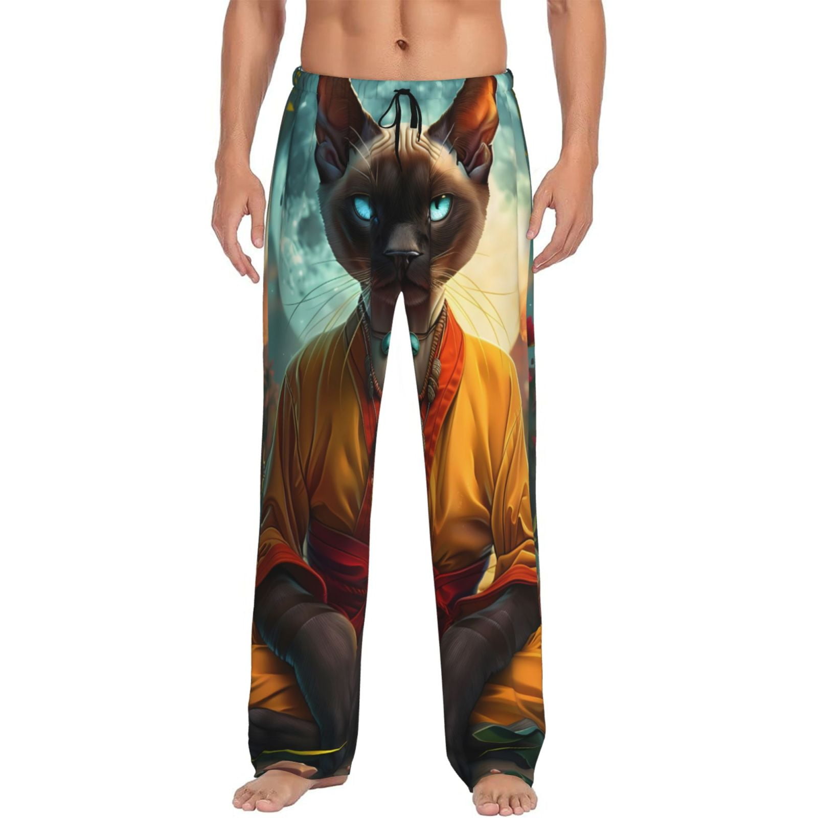Naloa Moonlit Hairless Cat Monk Pajama Pants Men, PJ Bottoms, Sleep ...