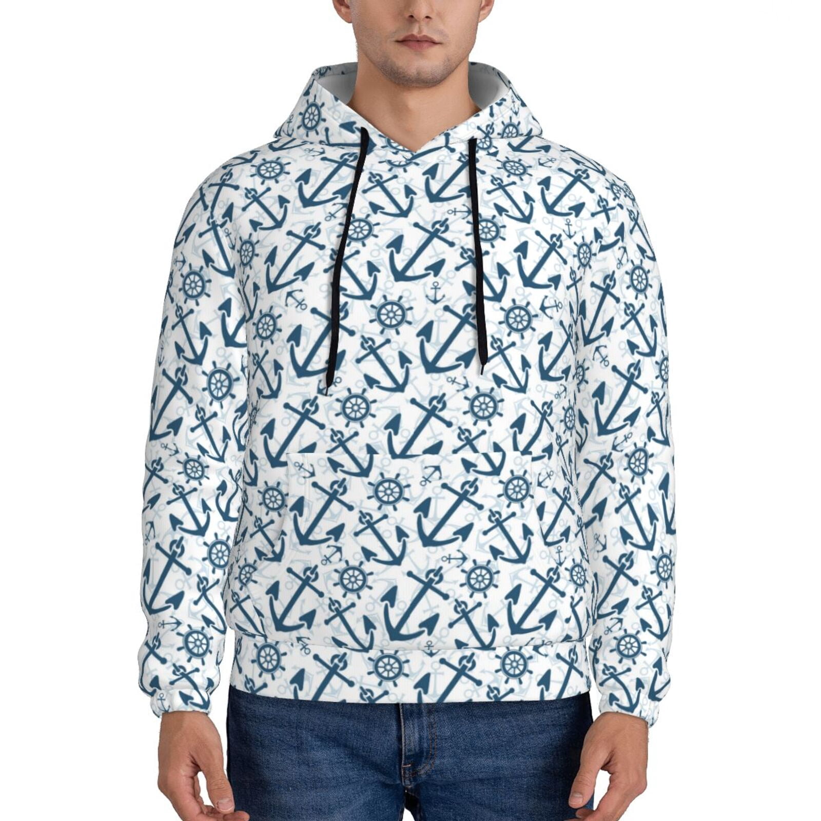 Naloa Nautical Theme Anchors Men's Casual Hooded Collar Drawstring ...