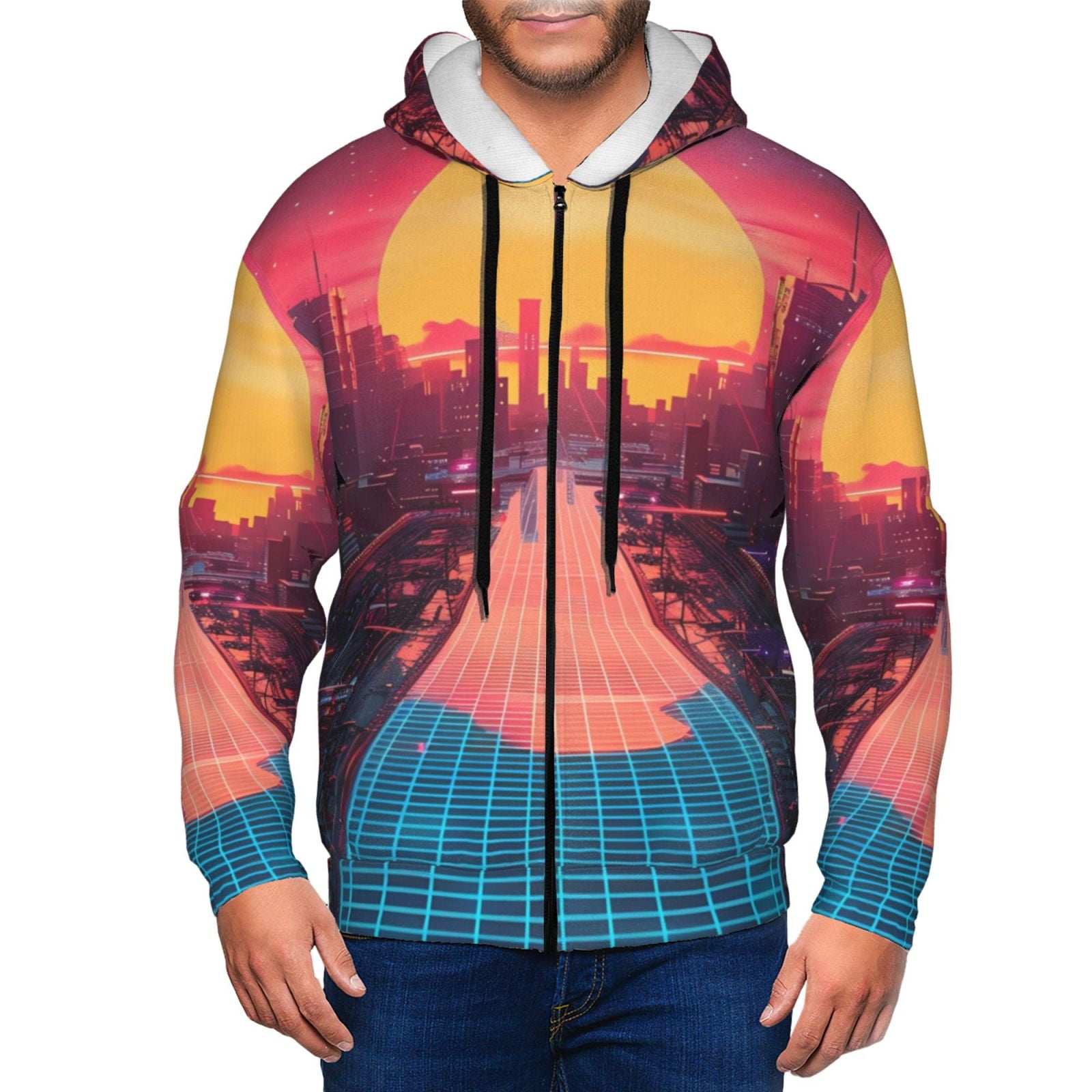 Naloa Neon Sunset Cyberpunk Cityscape Men’s Hoodies, Zip up Hoodie, Sweatshirts,Hoodies for Men ...