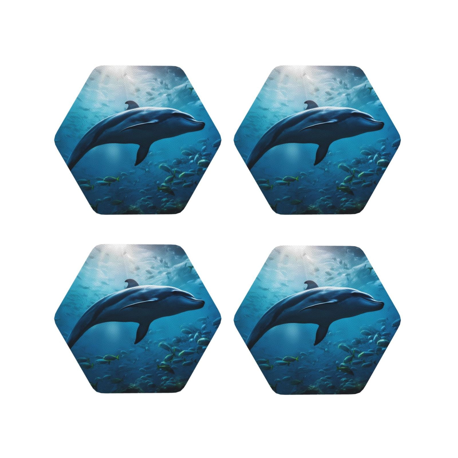 Naloa Ocean Dolphin Fish School Leather Coasters for Drinks, Durable ...