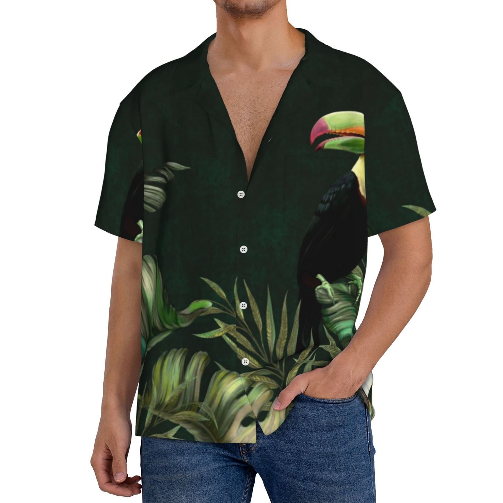 Naloa Palm Leaves And Exotic Birds Men's Loose Fit Cuban Collar Short ...