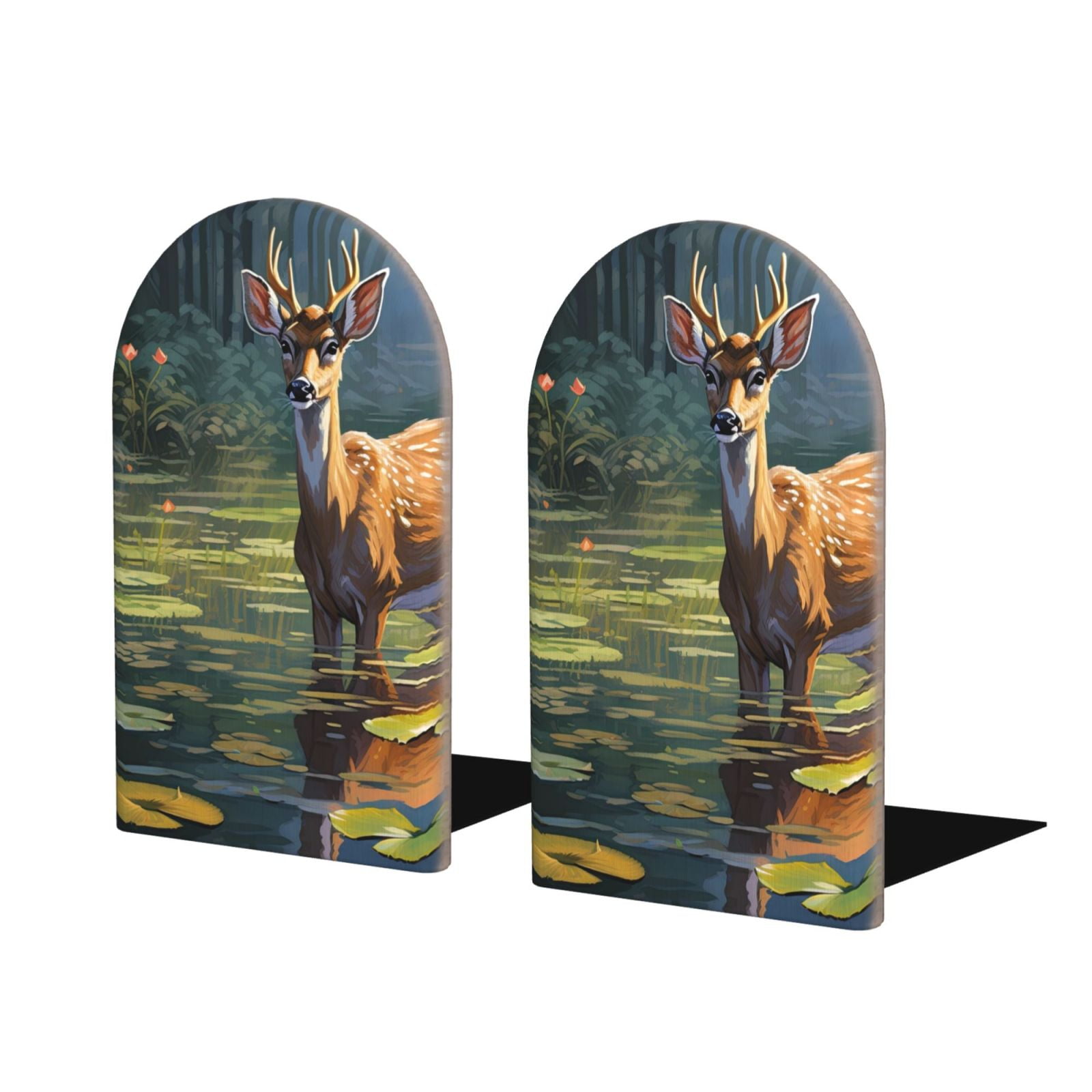 Naloa Peaceful Deer Lily Pond Wood Non-Skid Bookend for Shelves,Book Ends for Heavy Books, Book ...