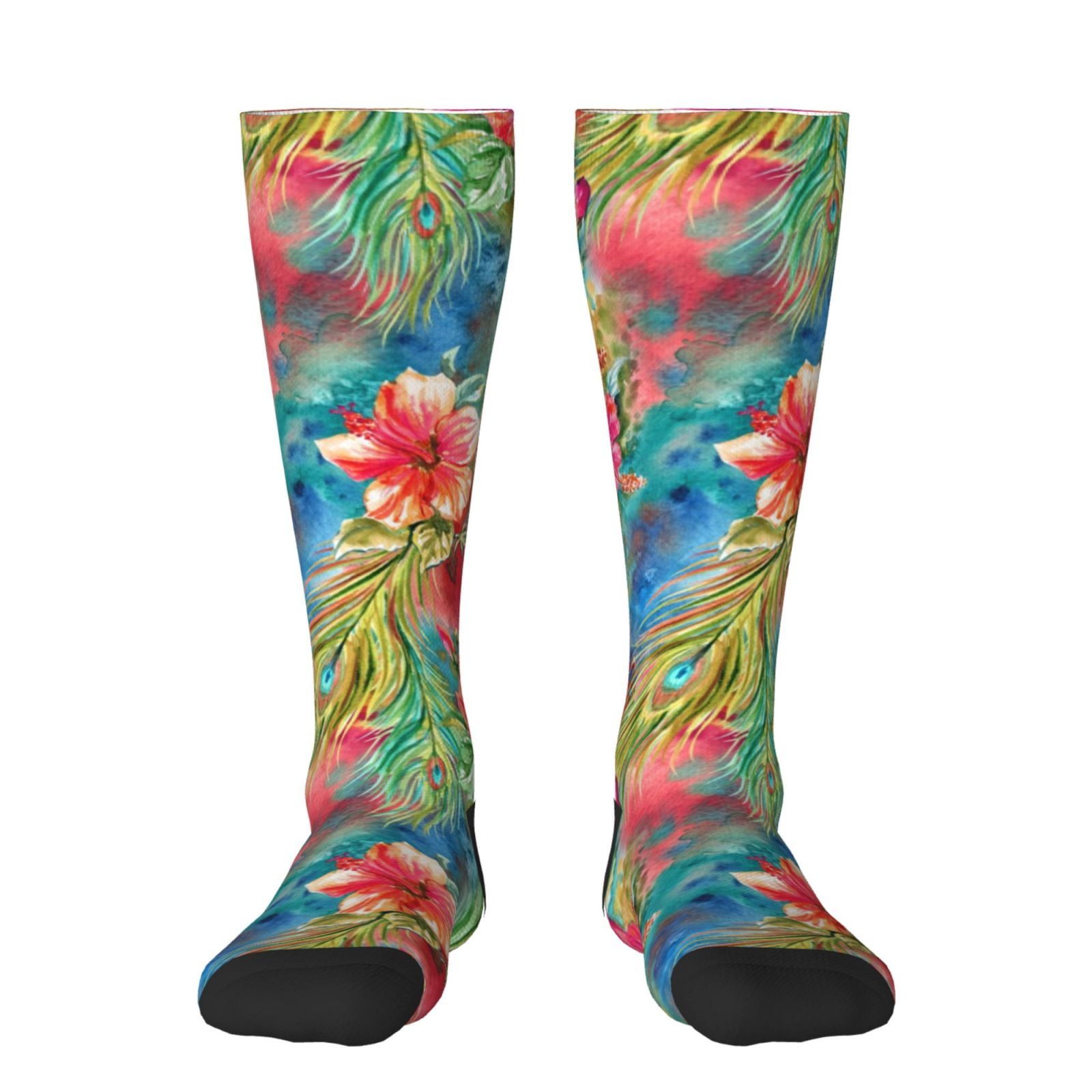Naloa Peacock Feathers And Flowers Thigh High Socks Extra Long Stretchy ...