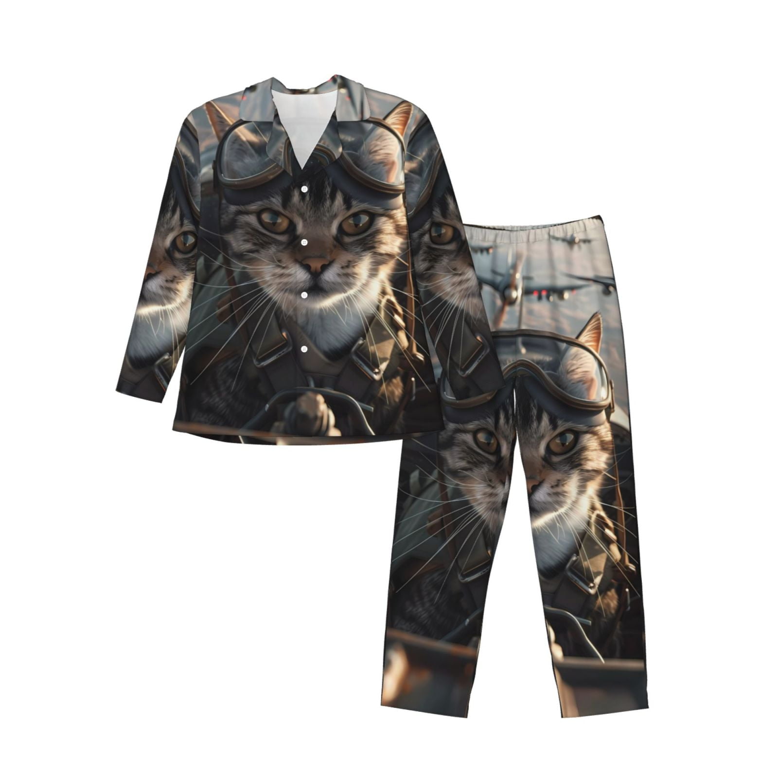 Naloa Pilot Cat In Vintage Plane Men’s Pajamas Set - Long Sleeve Button ...