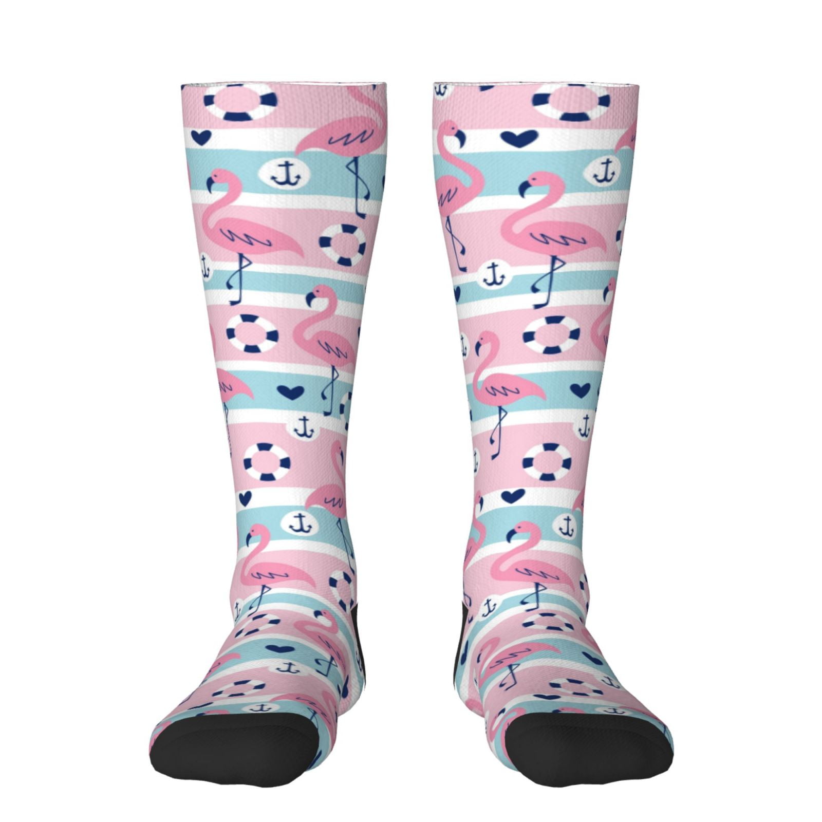 Naloa Pink Striped Flamingo Thigh High Socks Extra Long Stretchy Sock ...