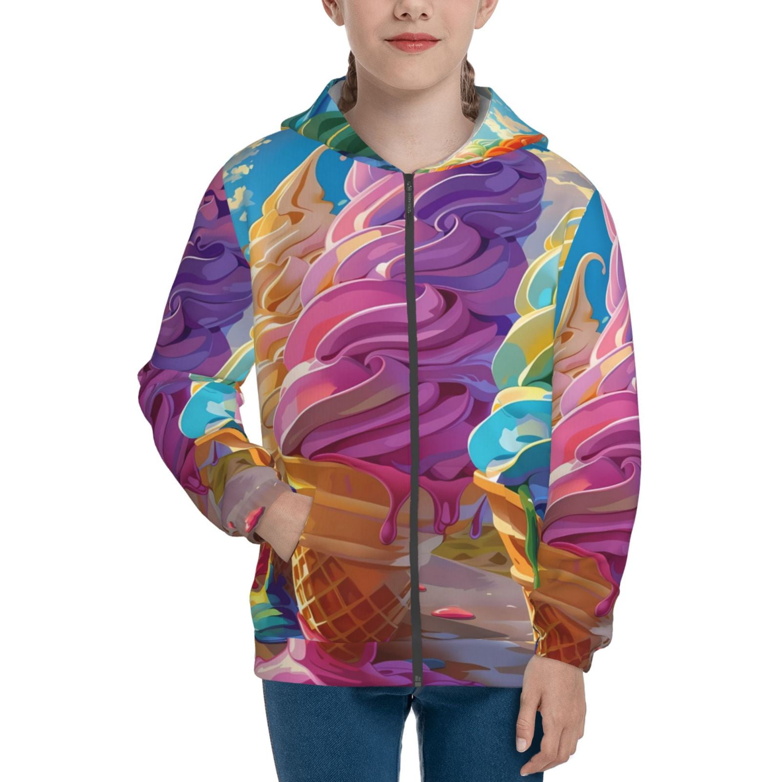 Naloa Rainbow Melting Ice Cream Teenage Zipper Hoodie, Long Sleeve Zip ...