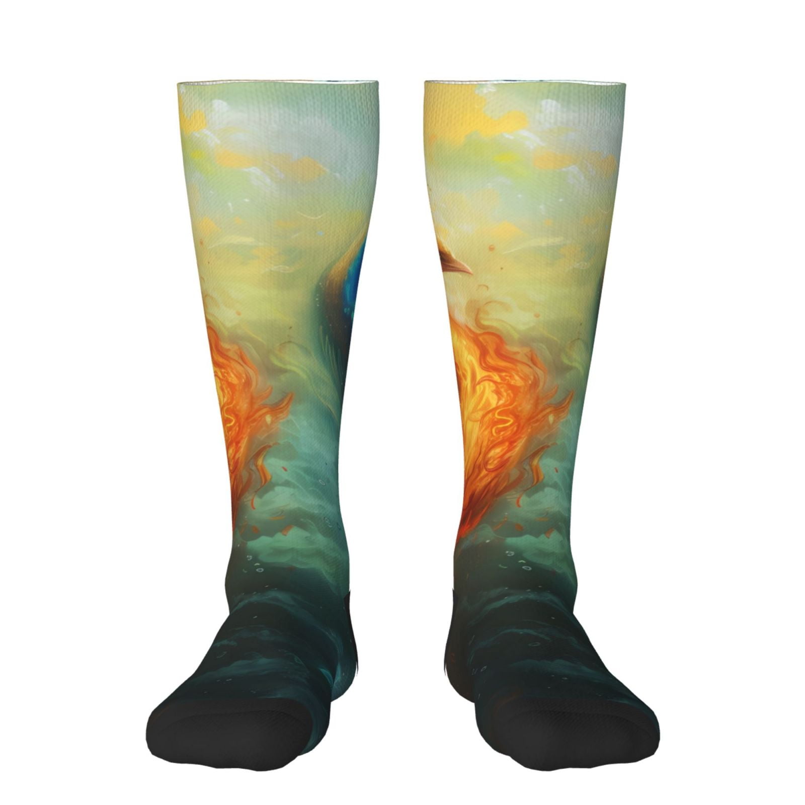 Naloa Red And Blue Fire Peacock Thigh High Socks Extra Long Stretchy ...