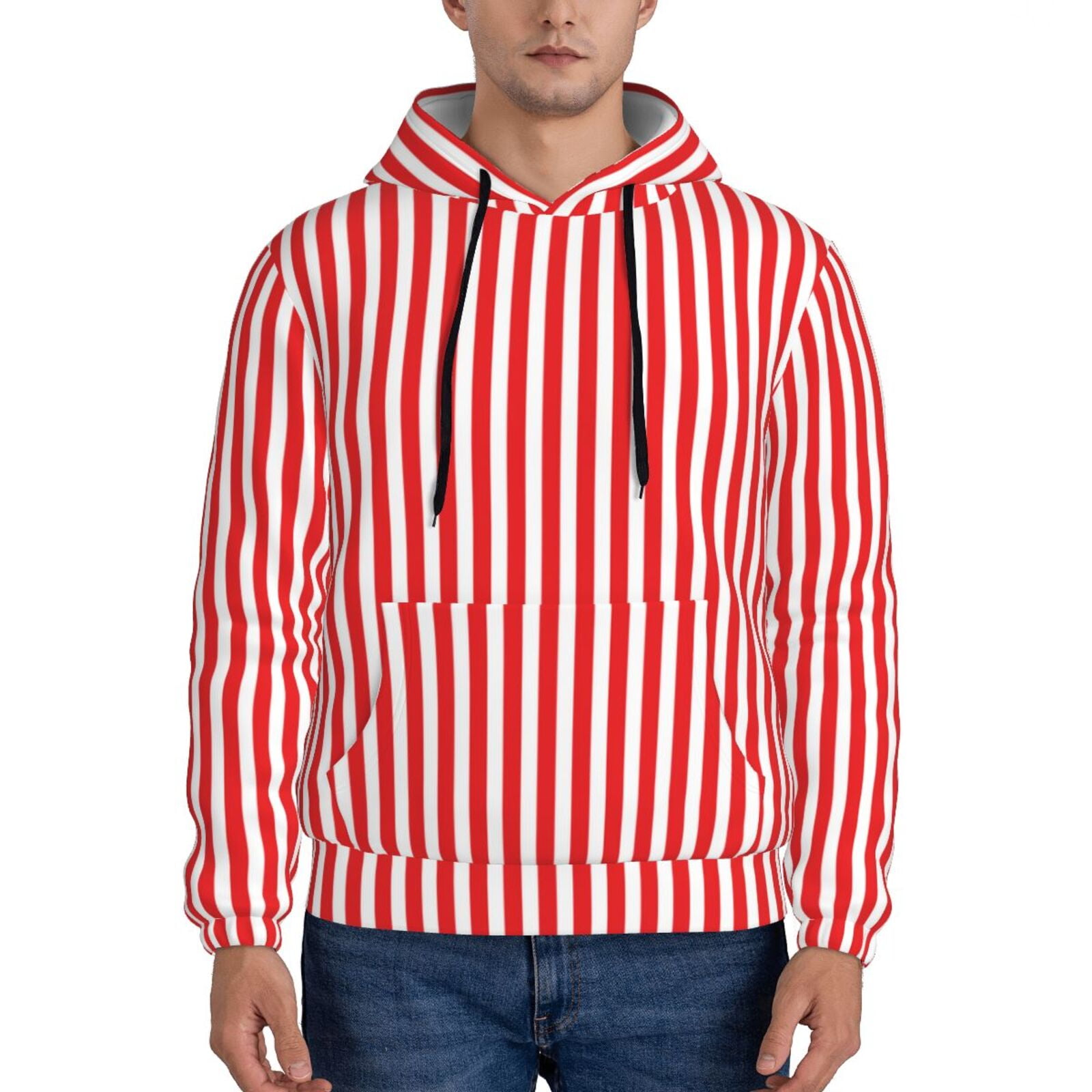 Naloa Red And White Stripes Men's Casual Hooded Collar Drawstring ...