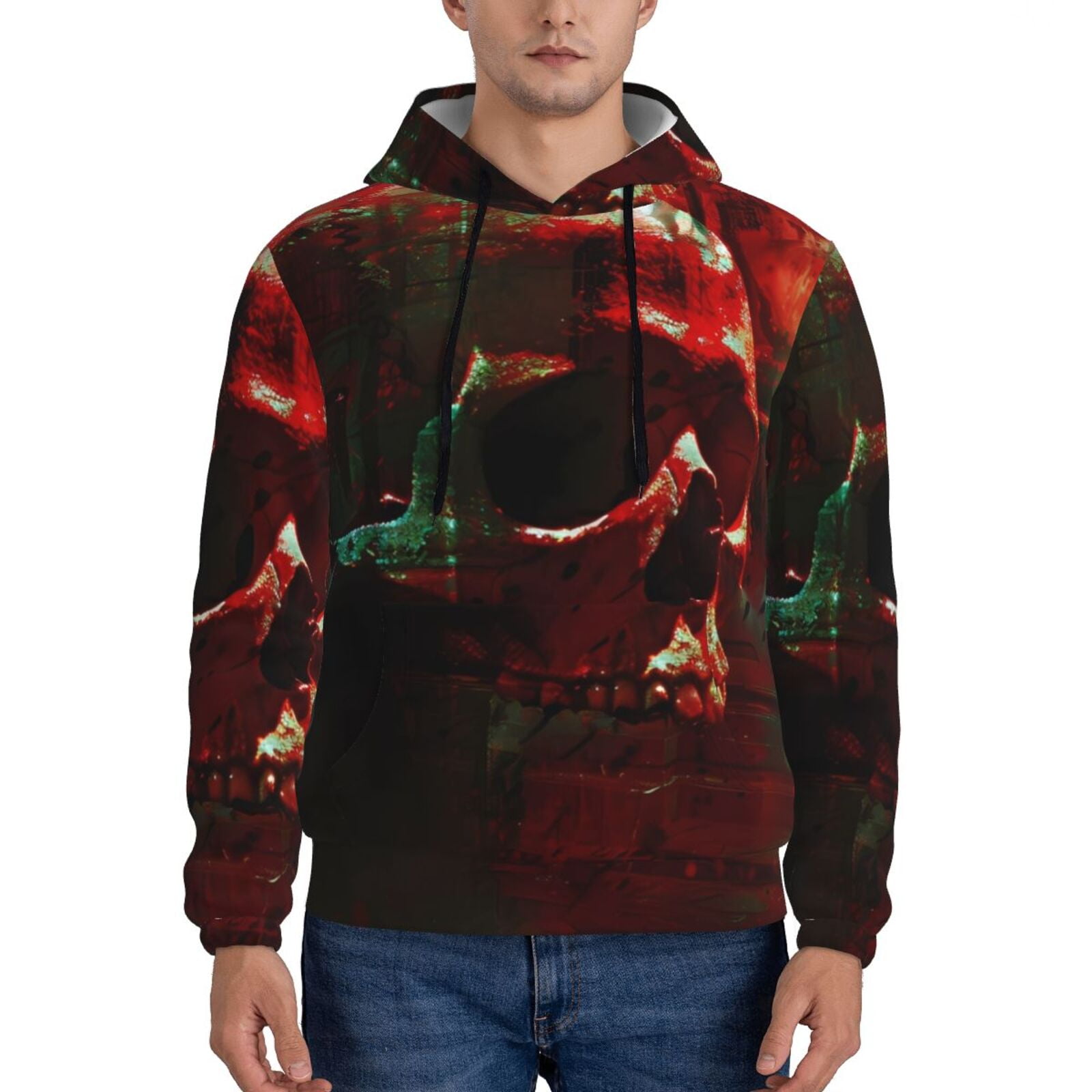 Naloa Red Dark Skull Abstract Men's Casual Hooded Collar Drawstring ...