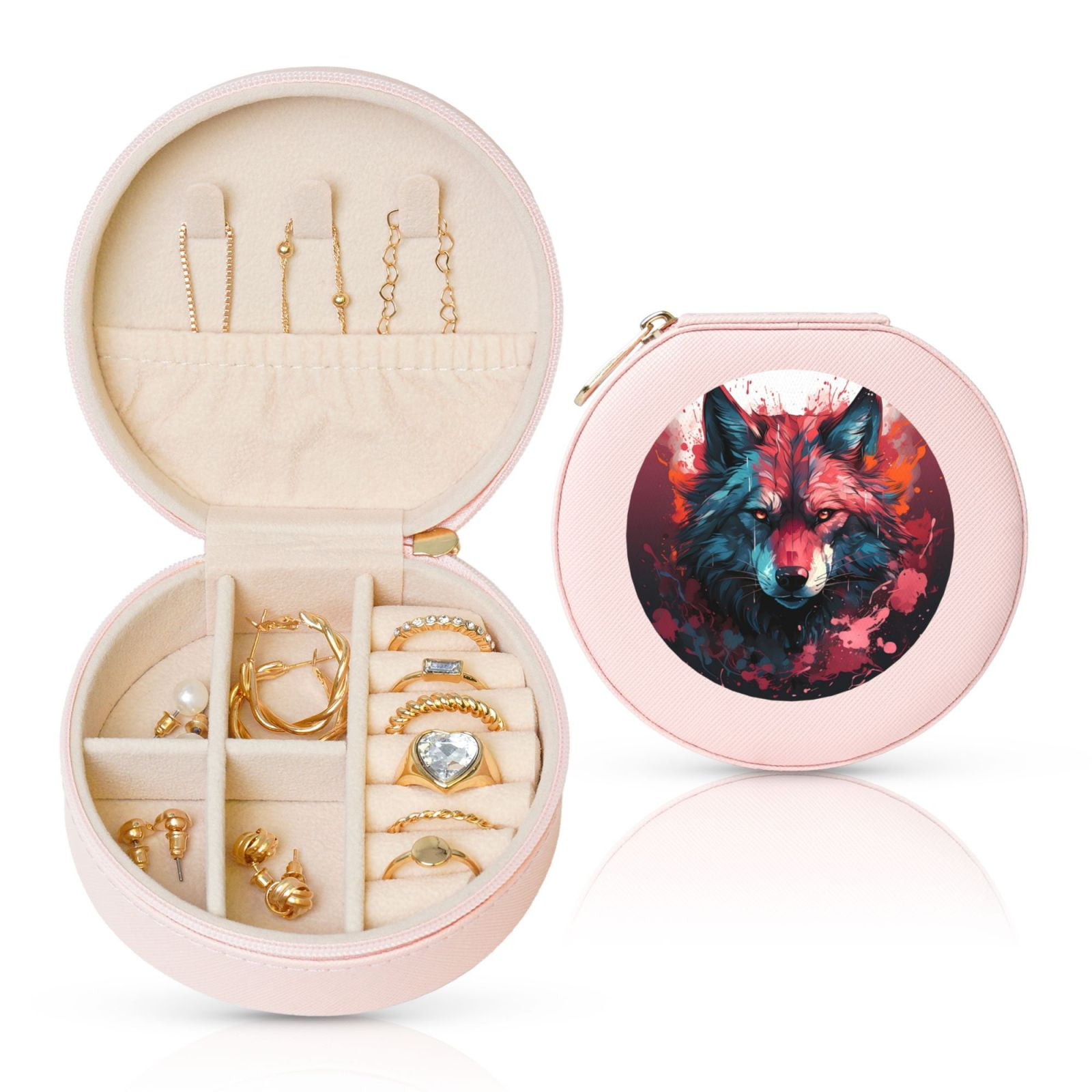 Naloa Red Flame Wolf Head Round Jewelry Box, Travel Jewelry Organizer ...