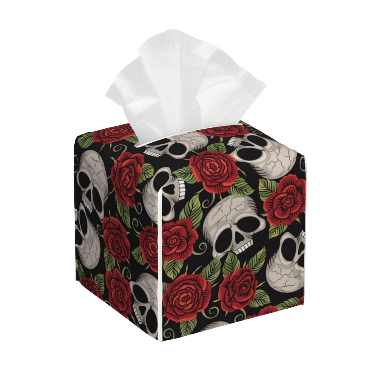 Naloa Red Rose Skull Tissue Box CoverLeather Tissue Holder Square ...