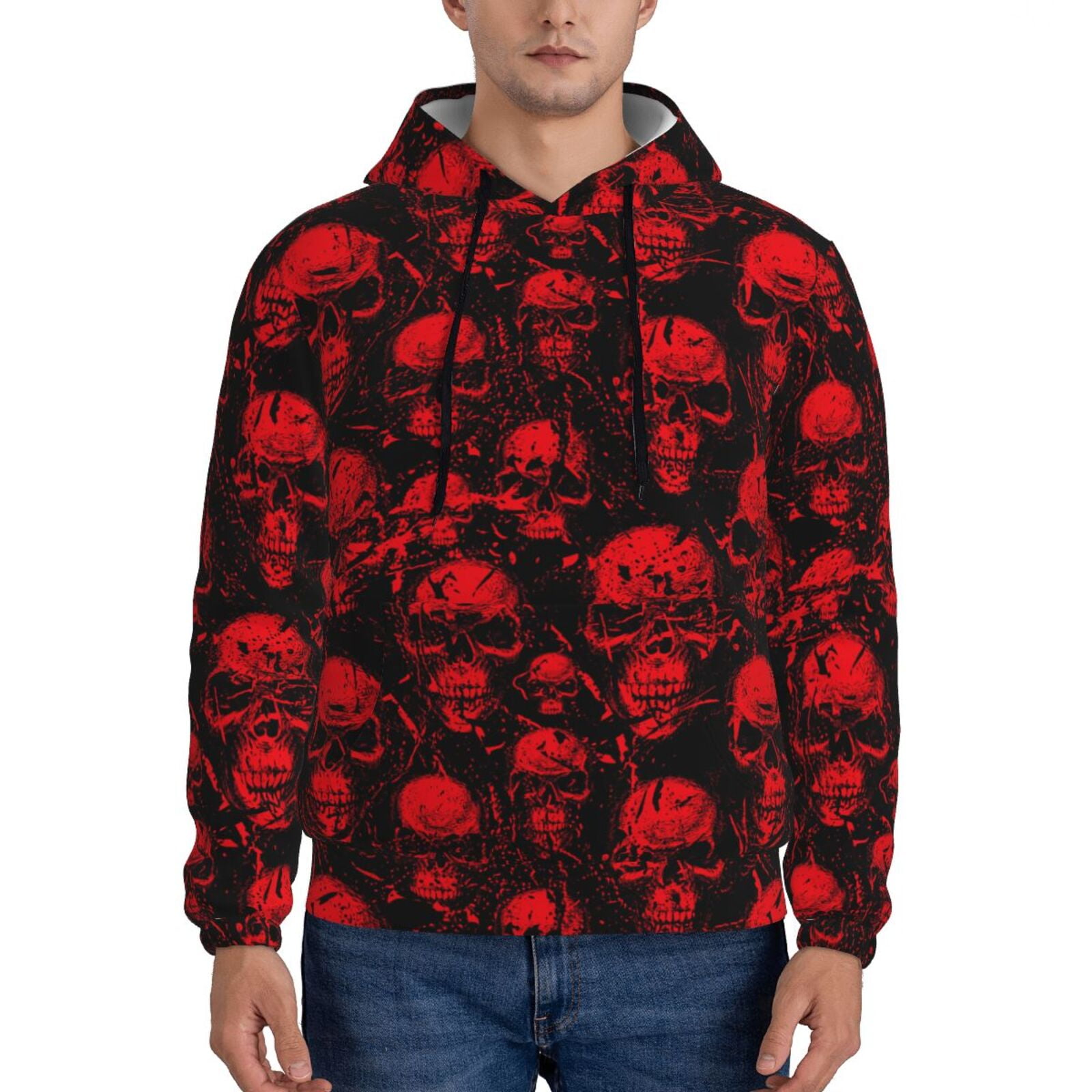 Naloa Red Skulls Men's Casual Hooded Collar Drawstring Hoodies Pullover ...
