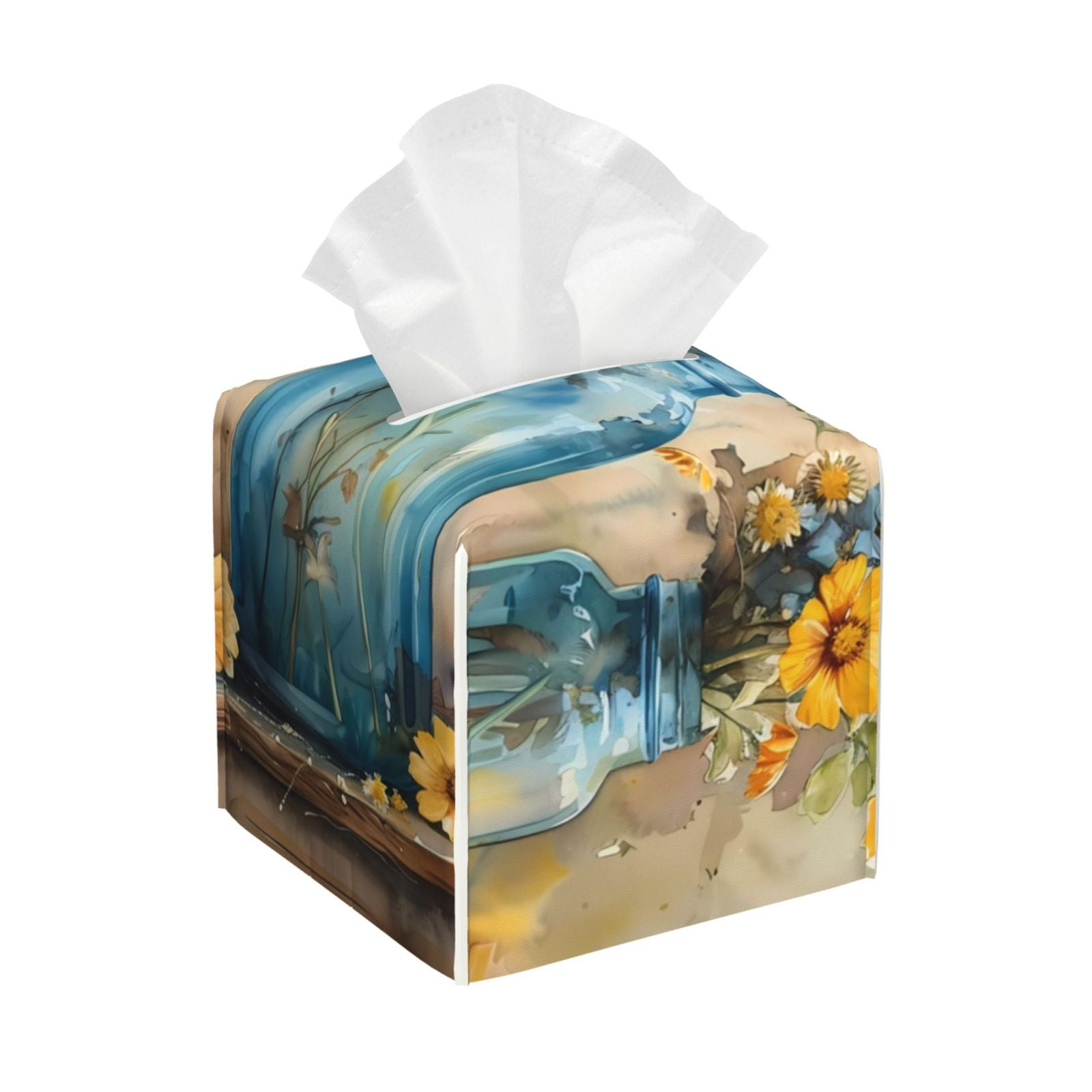 Naloa Rustic Blue Vase Blossoms Tissue Box Cover Leather Tissue Holder ...