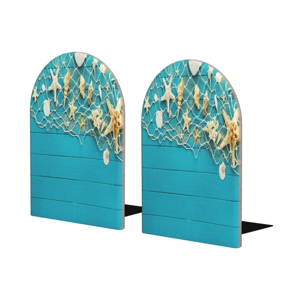 Naloa Seashells And Fishing Net On Blue Wooden Table 2 Pcs Bookend ...