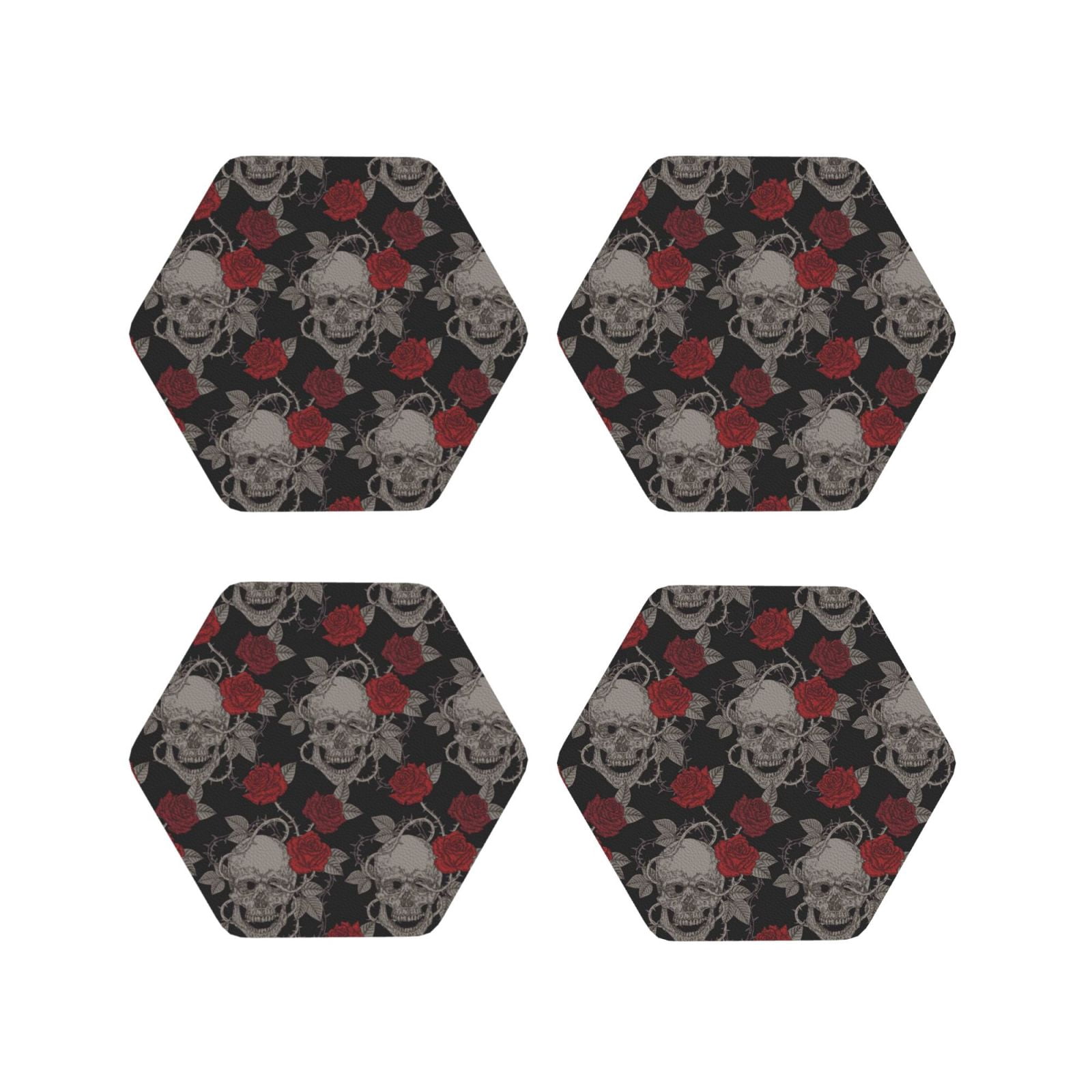 Naloa Skull and Red Roses Leather Coasters for Drinks, Durable Drink ...