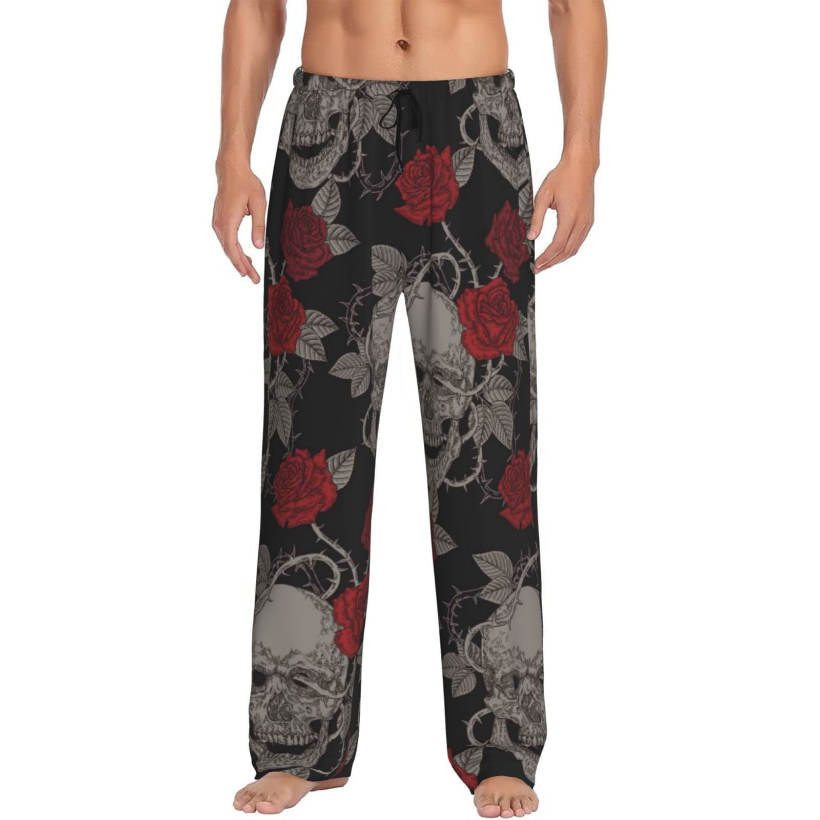 Naloa Skull and Red Roses Pajama Pants Men, PJ Bottoms, Sleep & Lounge ...