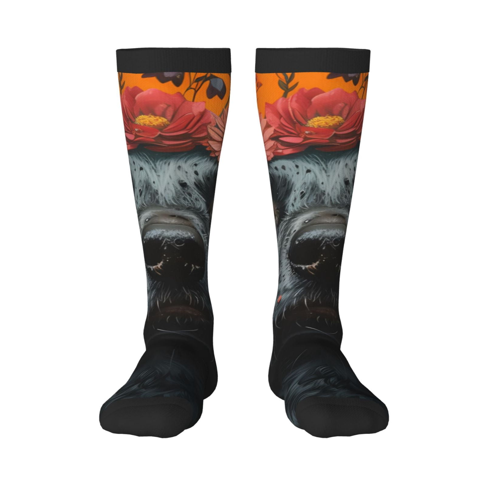 Naloa Sunflower Black Dog Thigh High Socks Extra Long Stretchy Sock ...