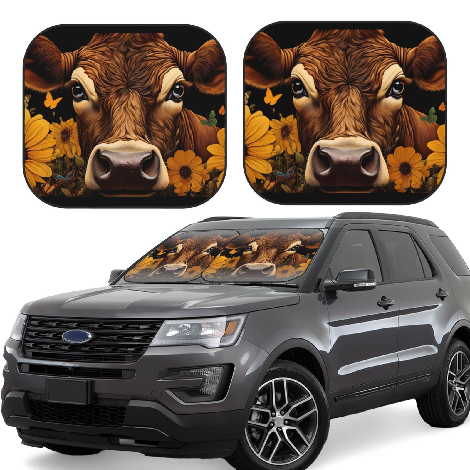 Naloa Sunflower Butterfly Cow Print 2-Piece Windshield Sunshade ...