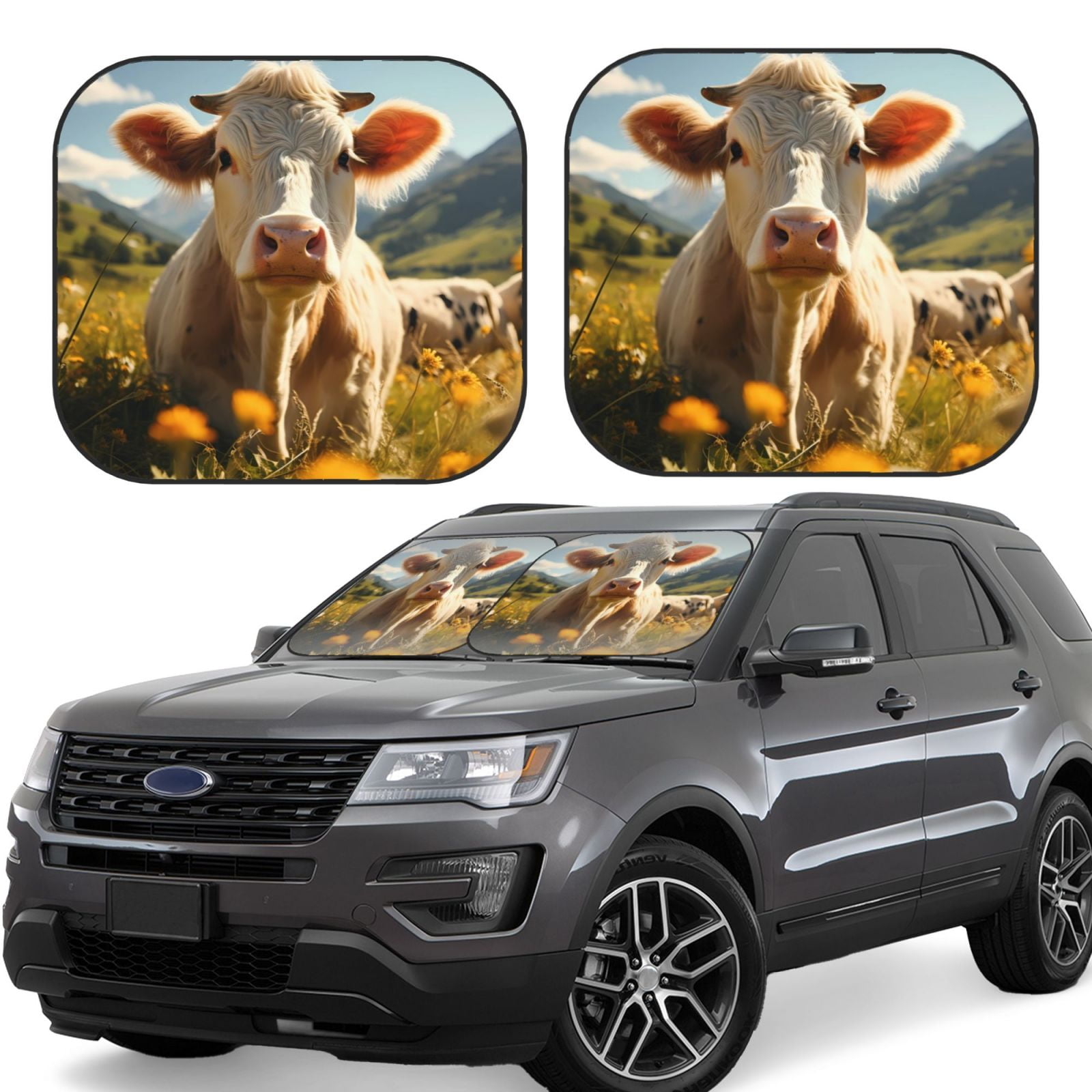 Naloa Sunflower Cow Pasture Print 2-Piece Windshield Sunshade,Foldable ...