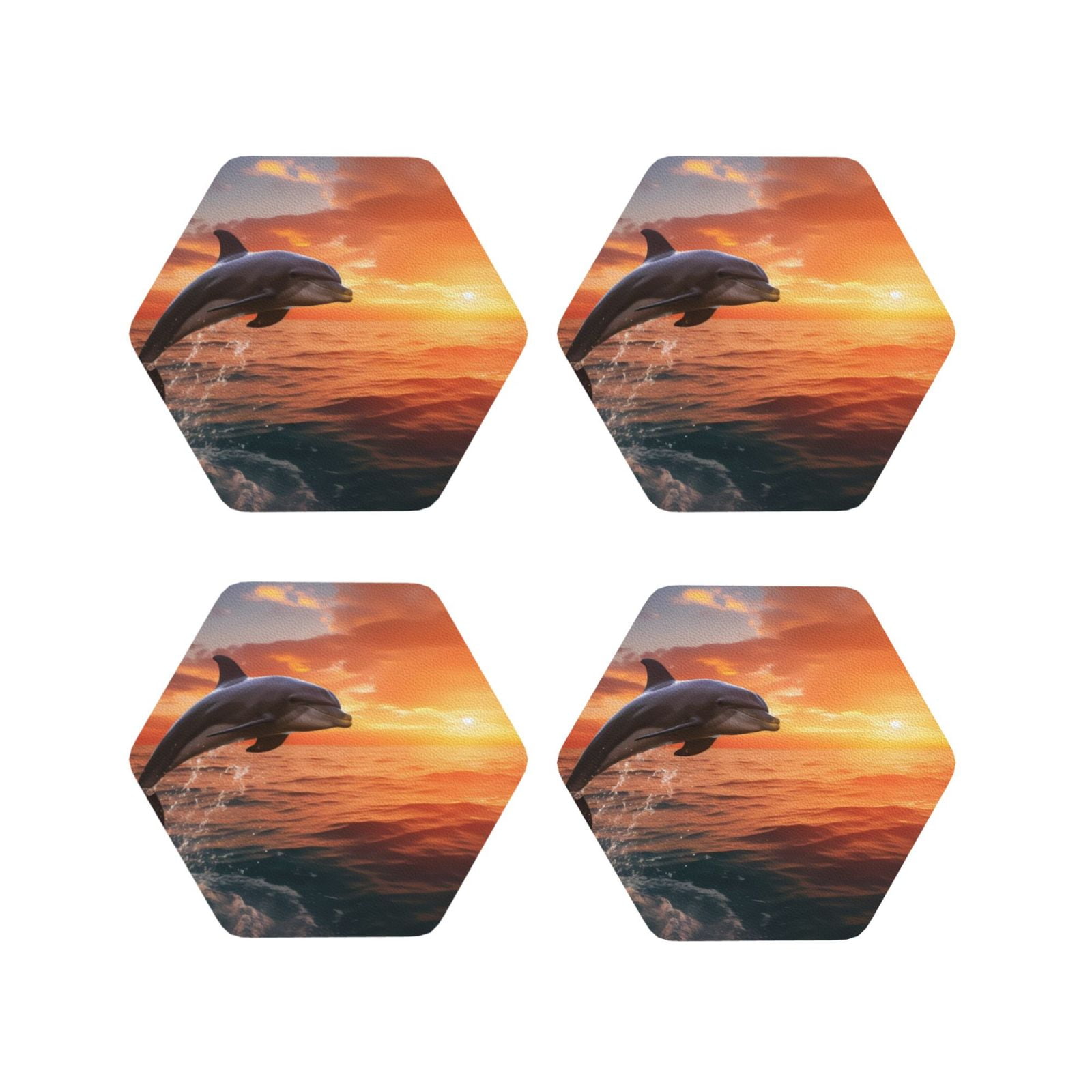 Naloa Sunset Dancing Dolphin B Leather Coasters for Drinks, Durable ...