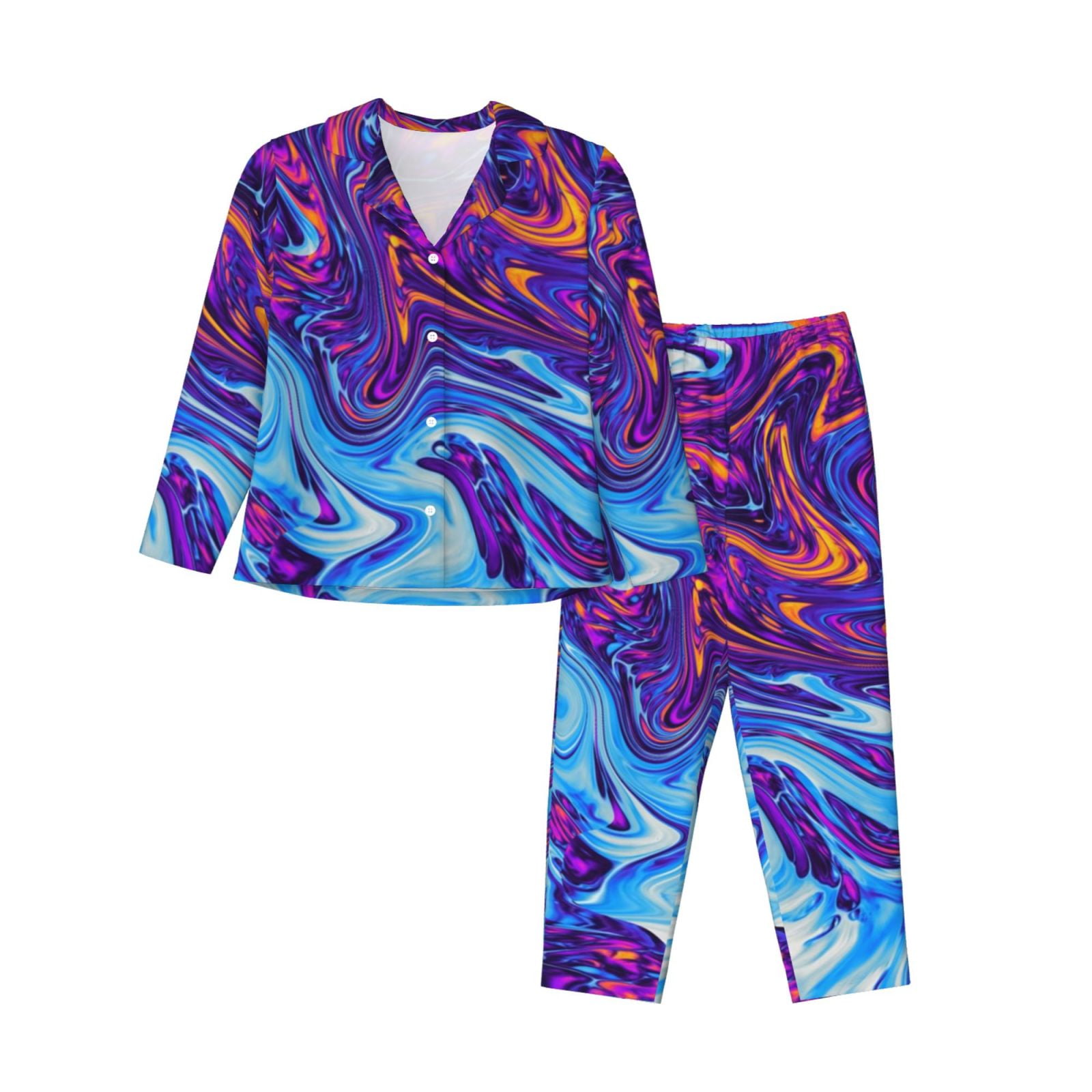 Naloa Swirl Print Blue Purple Pajamas for Women Set, Womens Pajama Sets ...