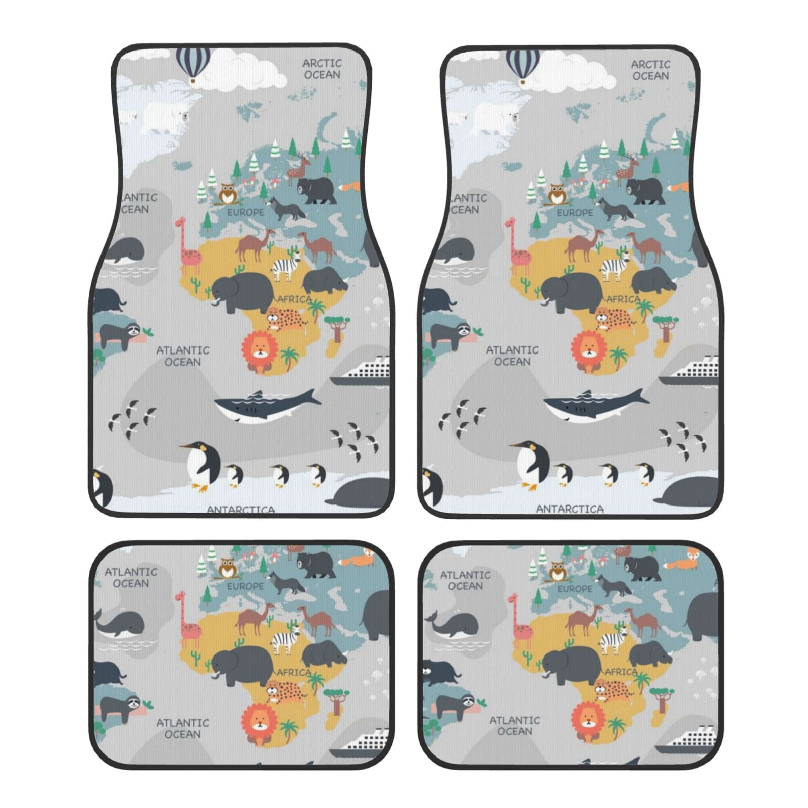 Naloa The World Map with Cartoon Animals Car Foot Mat Set of 4 Pieces ...