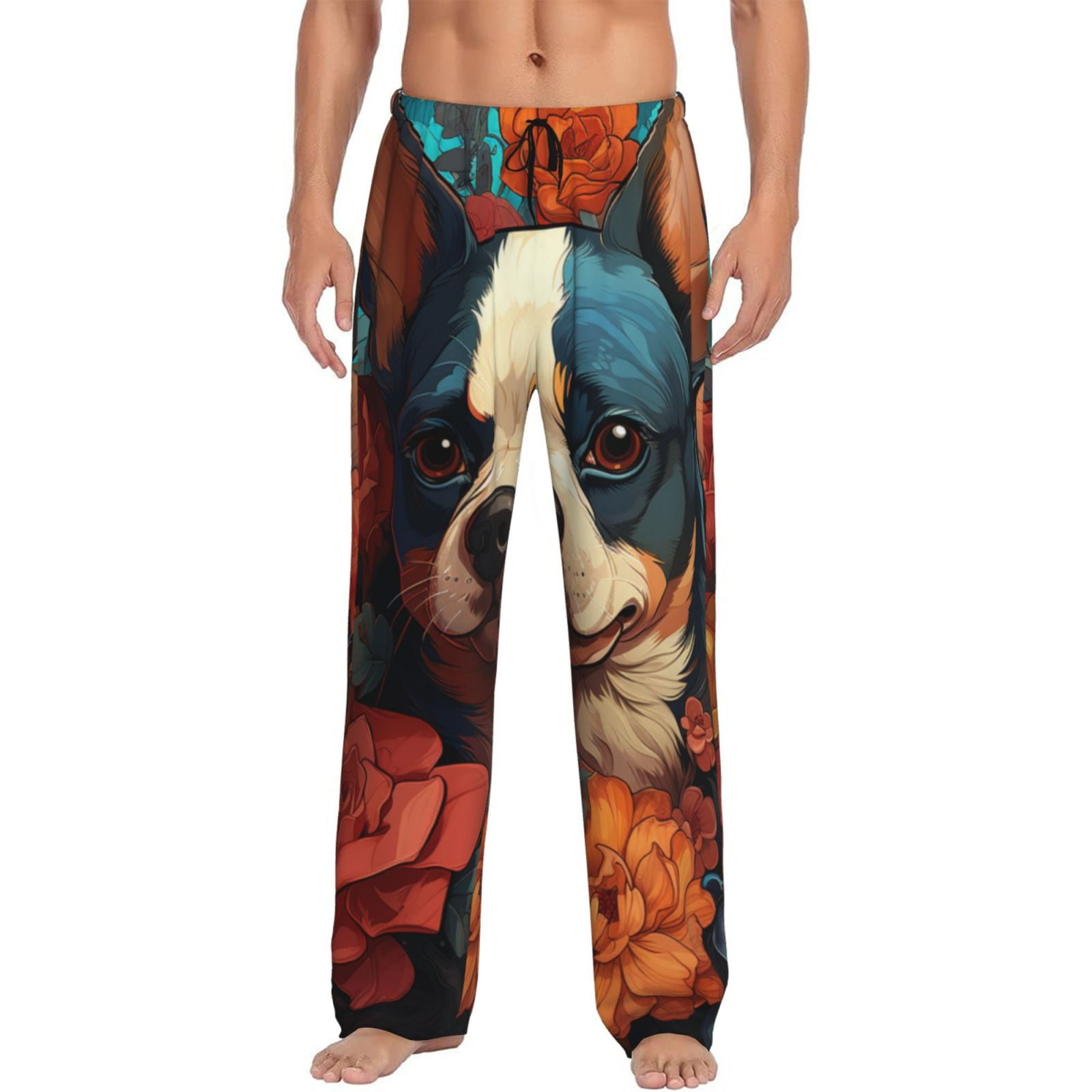 Naloa Vintage Colorful Flower French Bulldog Pajama Pants Men, PJ ...