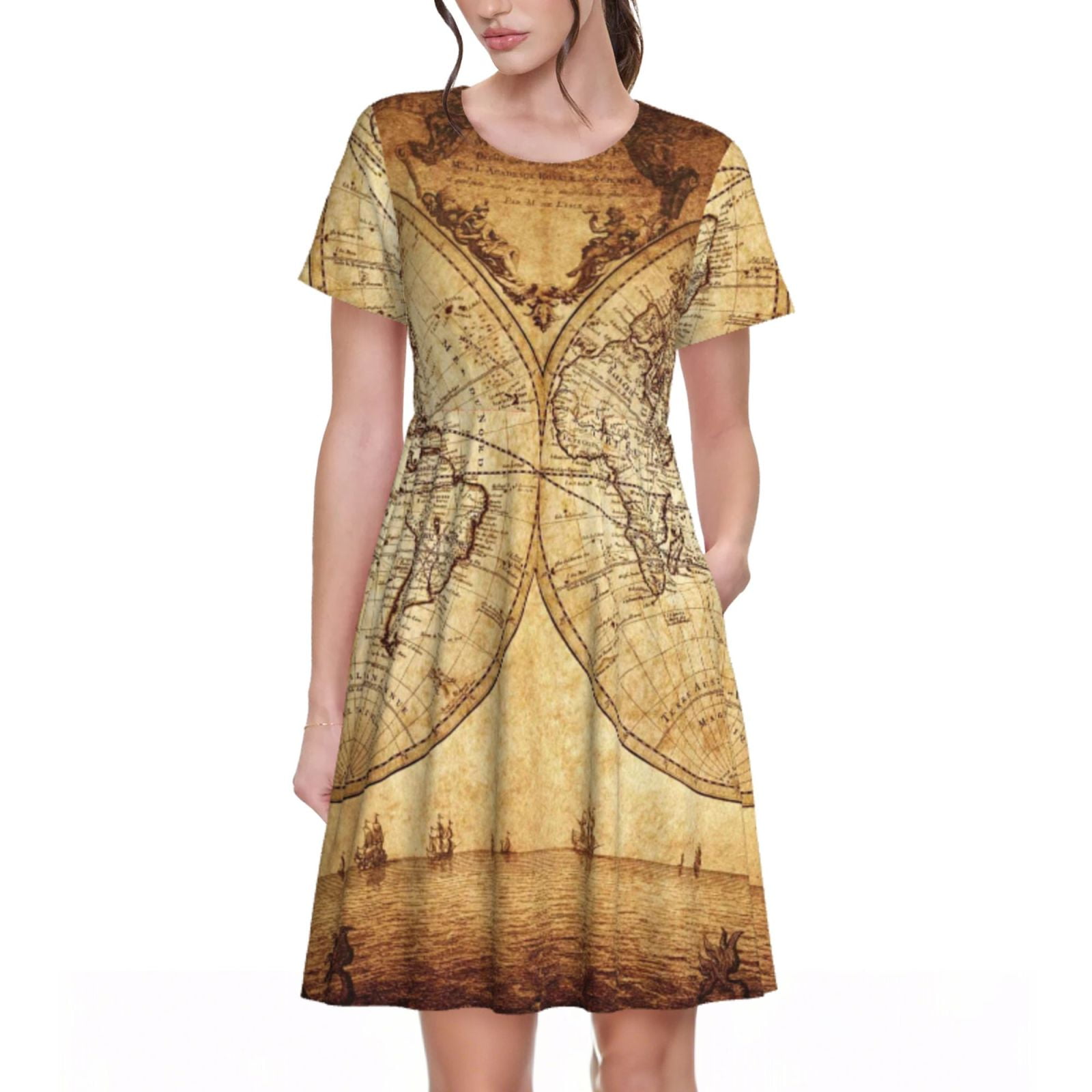 Naloa Vintage Map Of The World Print Womens Summer A-Line Dress with ...