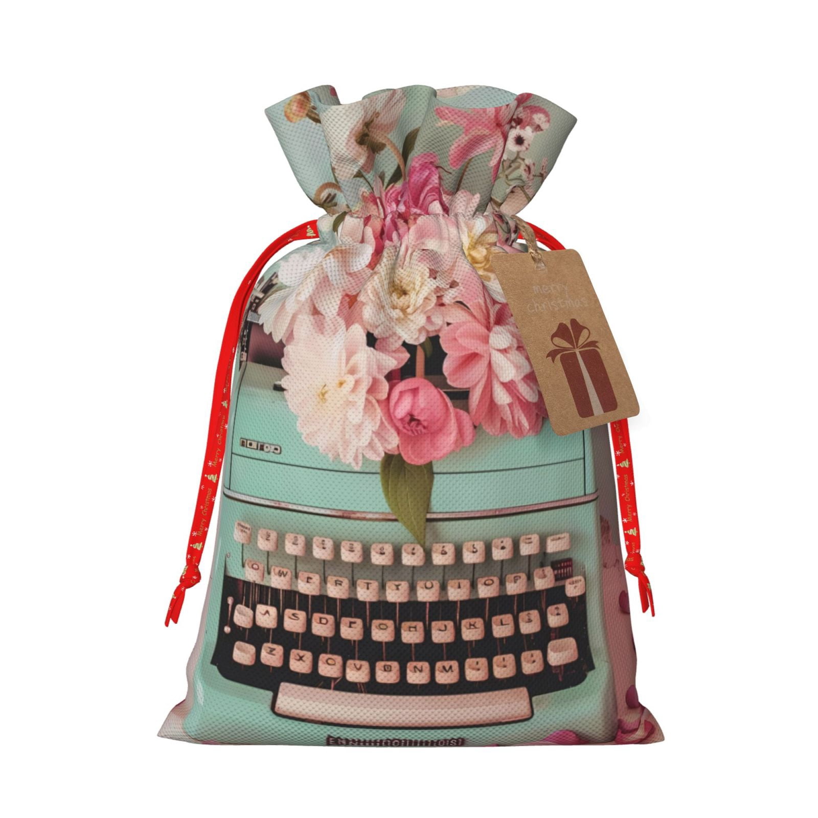 Naloa Vintage Typewriter Floral Drawstring Christmas Bags, 3D Xmas Gift ...