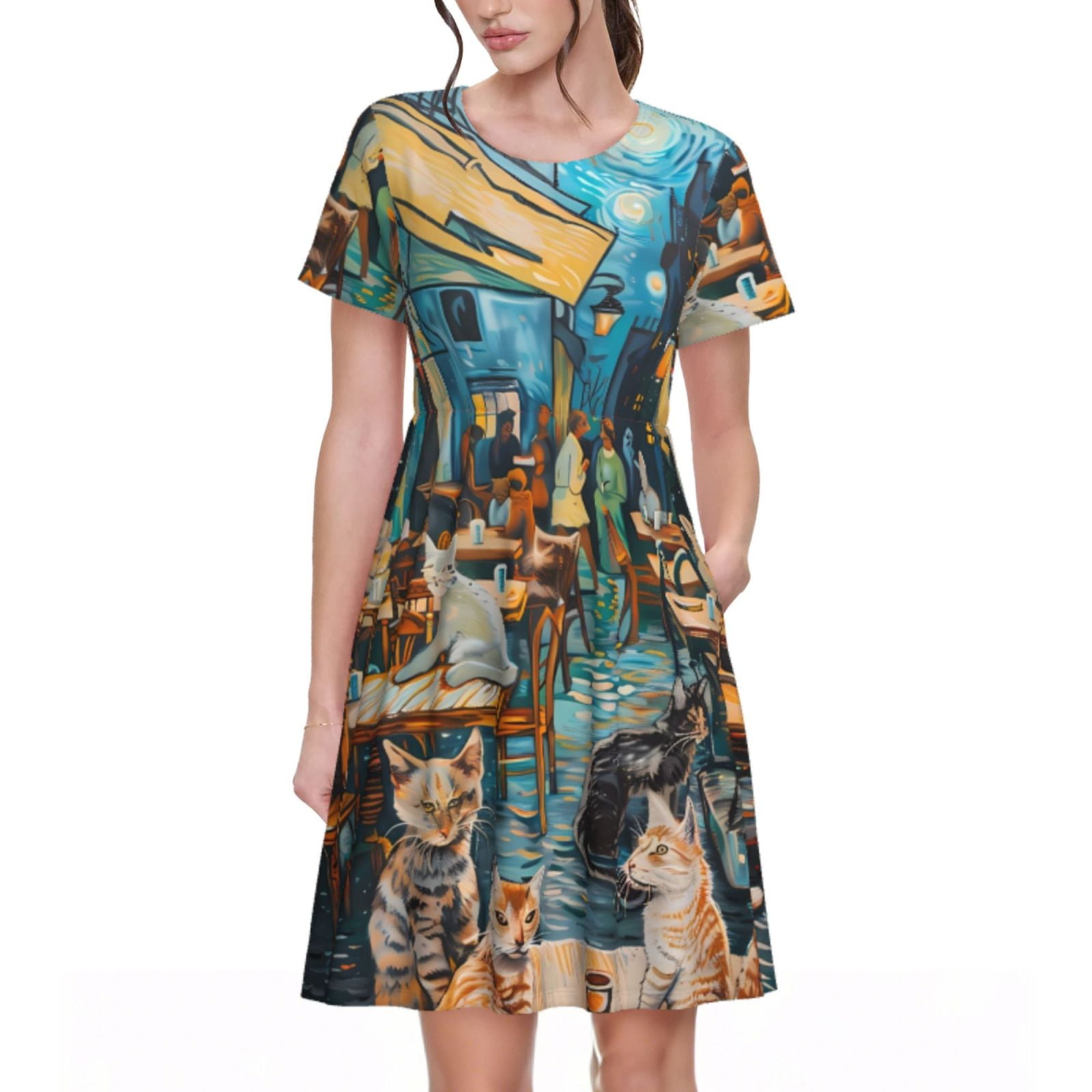 Naloa Whimsical Cats Night Cafe Print Womens Summer A-Line Dress with ...