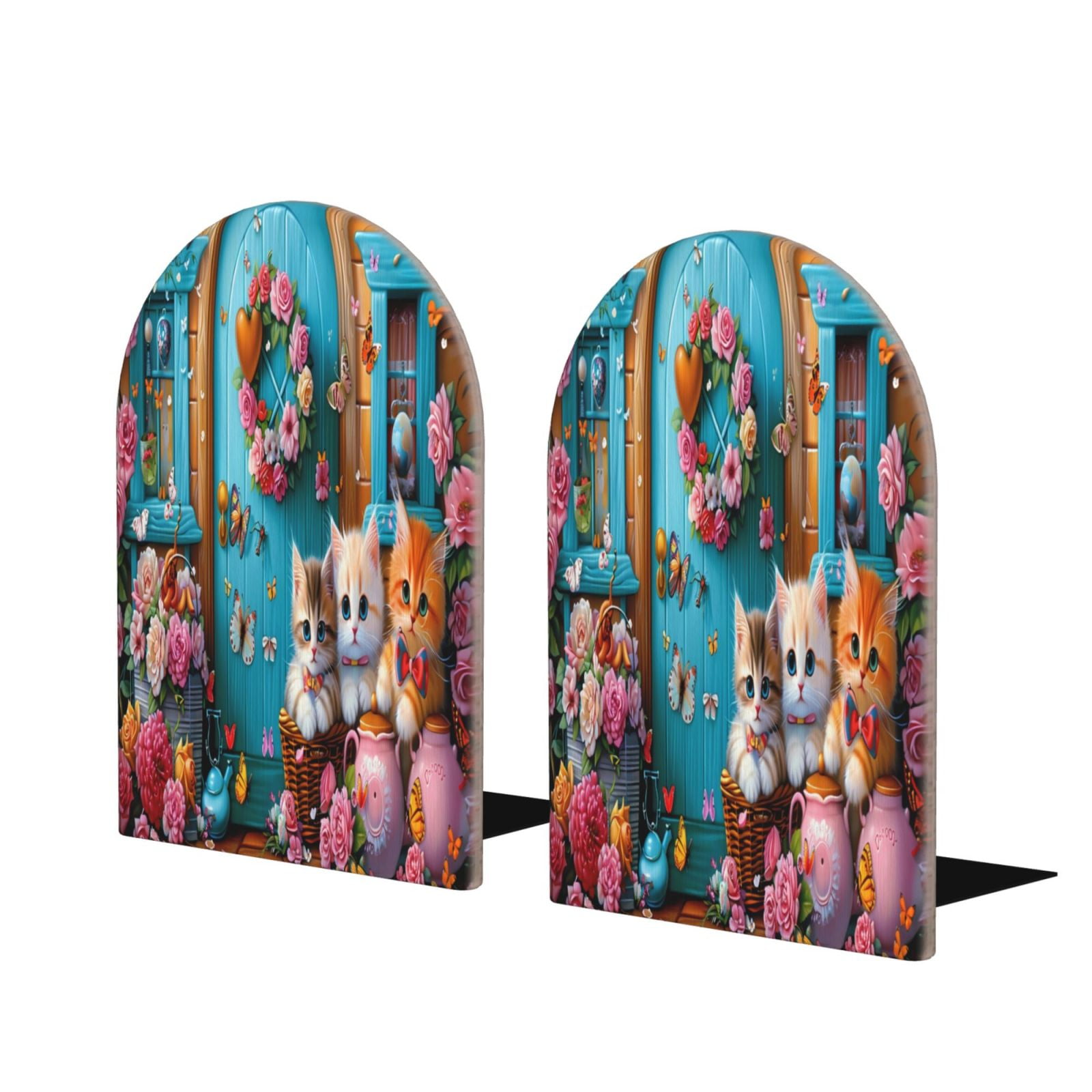 Naloa Whimsical Cats and Flowers Scene 2 Pcs Bookend Large Capacity ...