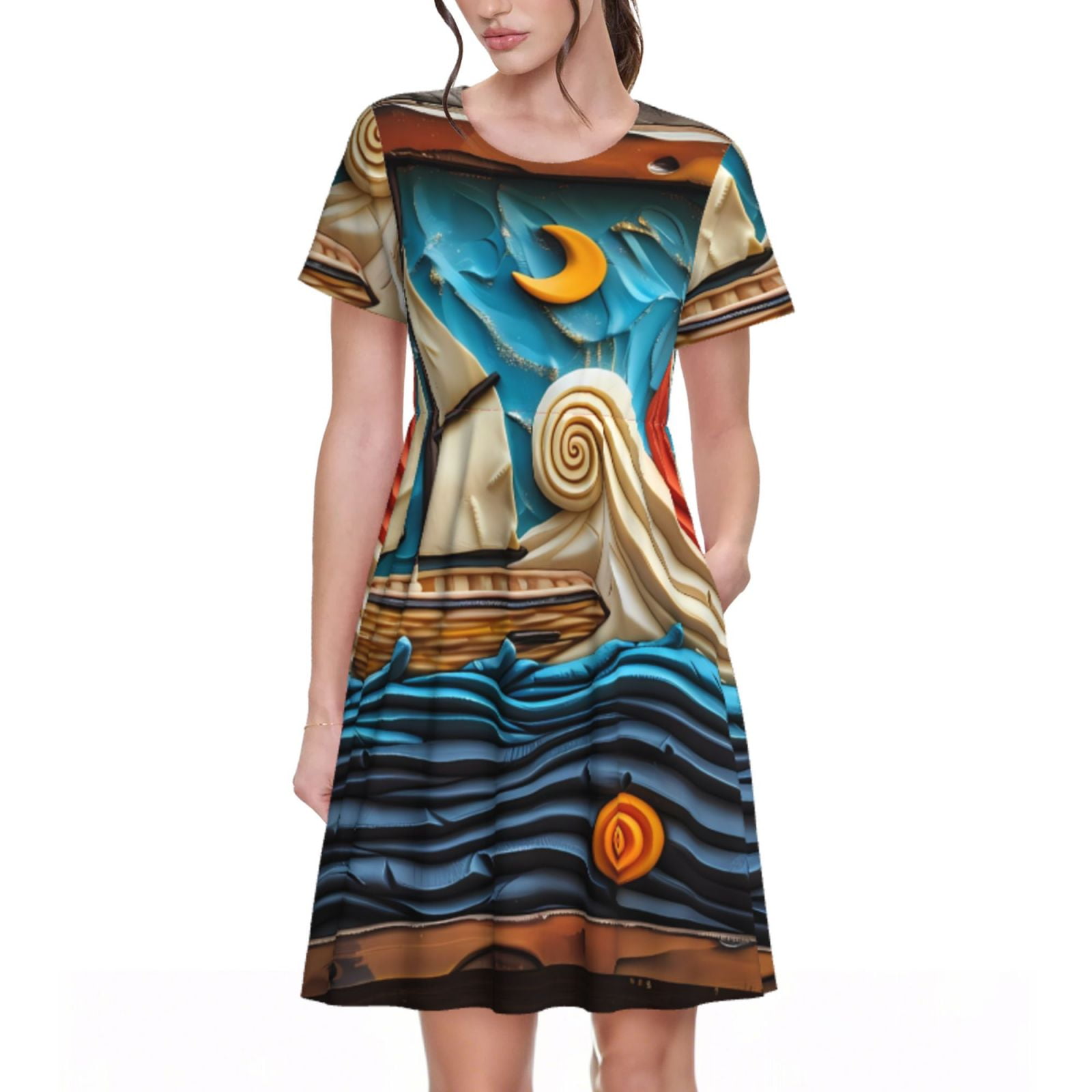 Naloa Whimsical Sailboat Ocean Art Print Womens Summer A-Line Dress ...