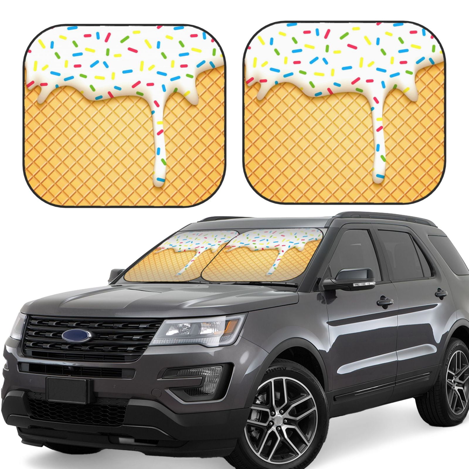 Naloa White Ice Cream Print 2-Piece Windshield Sunshade,Foldable Car ...