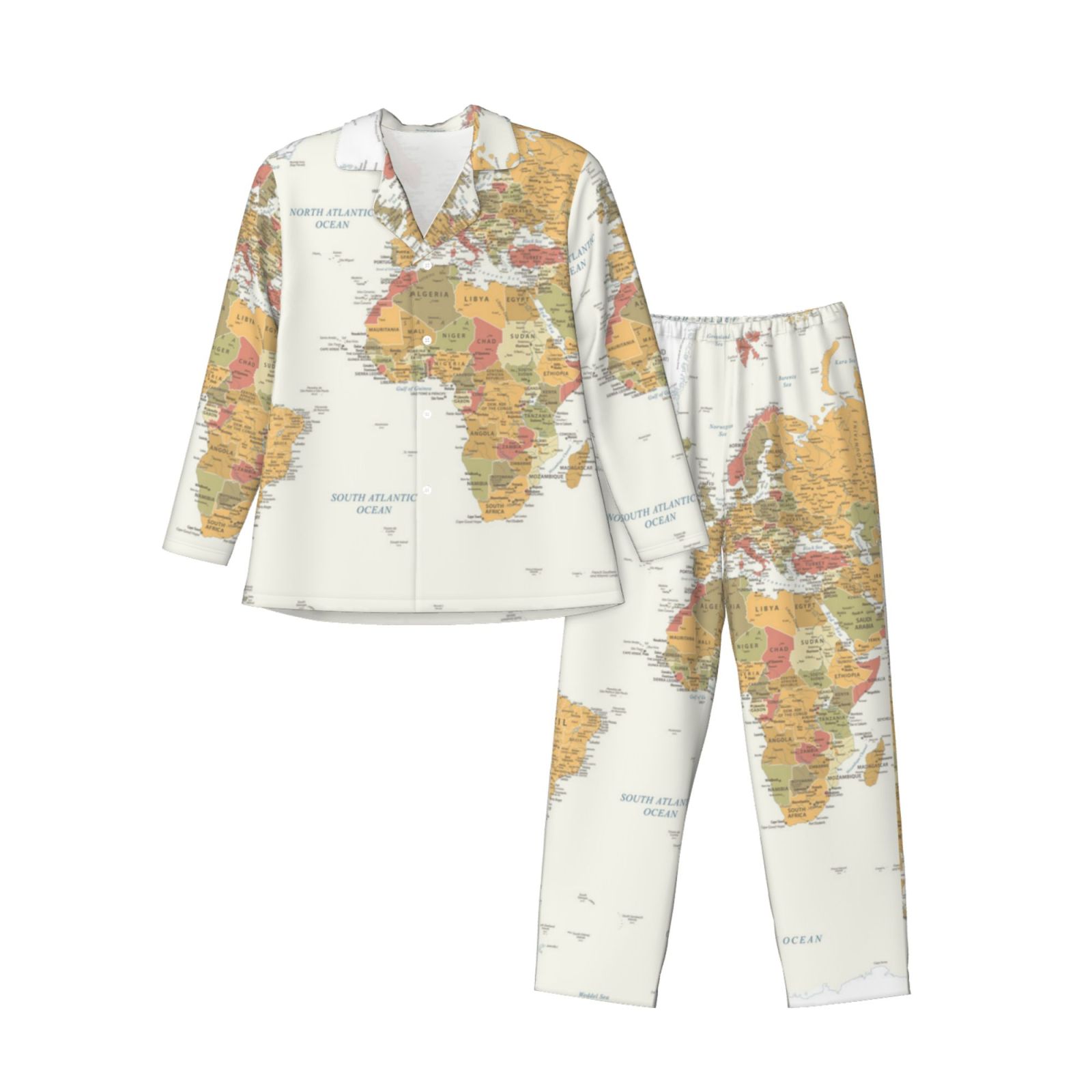 Naloa World Map 1 Men’s Pajamas Set - Long Sleeve Button Down Sleep ...