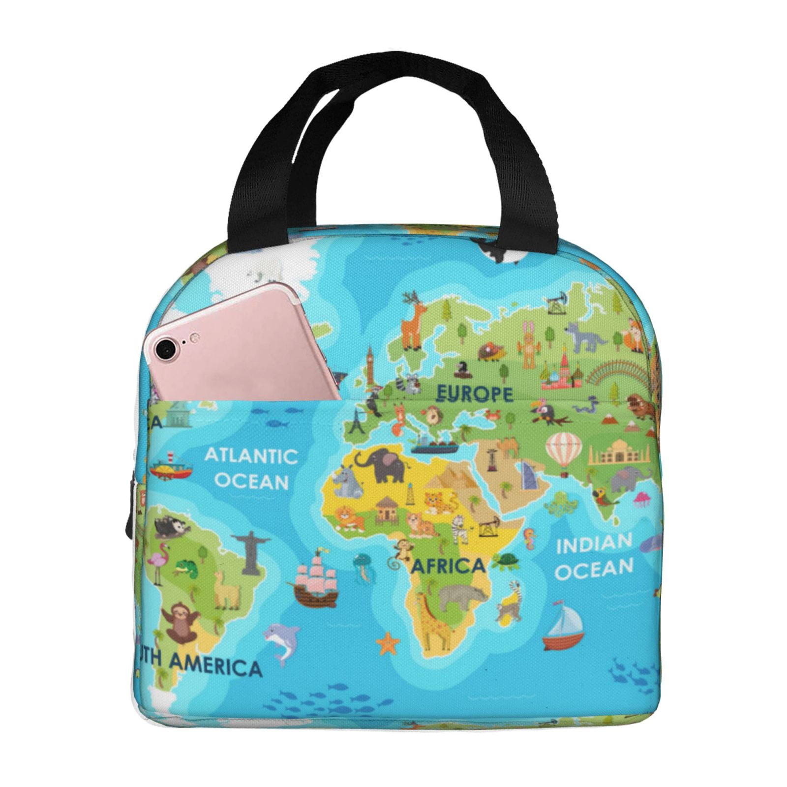 Naloa World Map With Animals Landmarks Print Lunch Box for Women Men ...