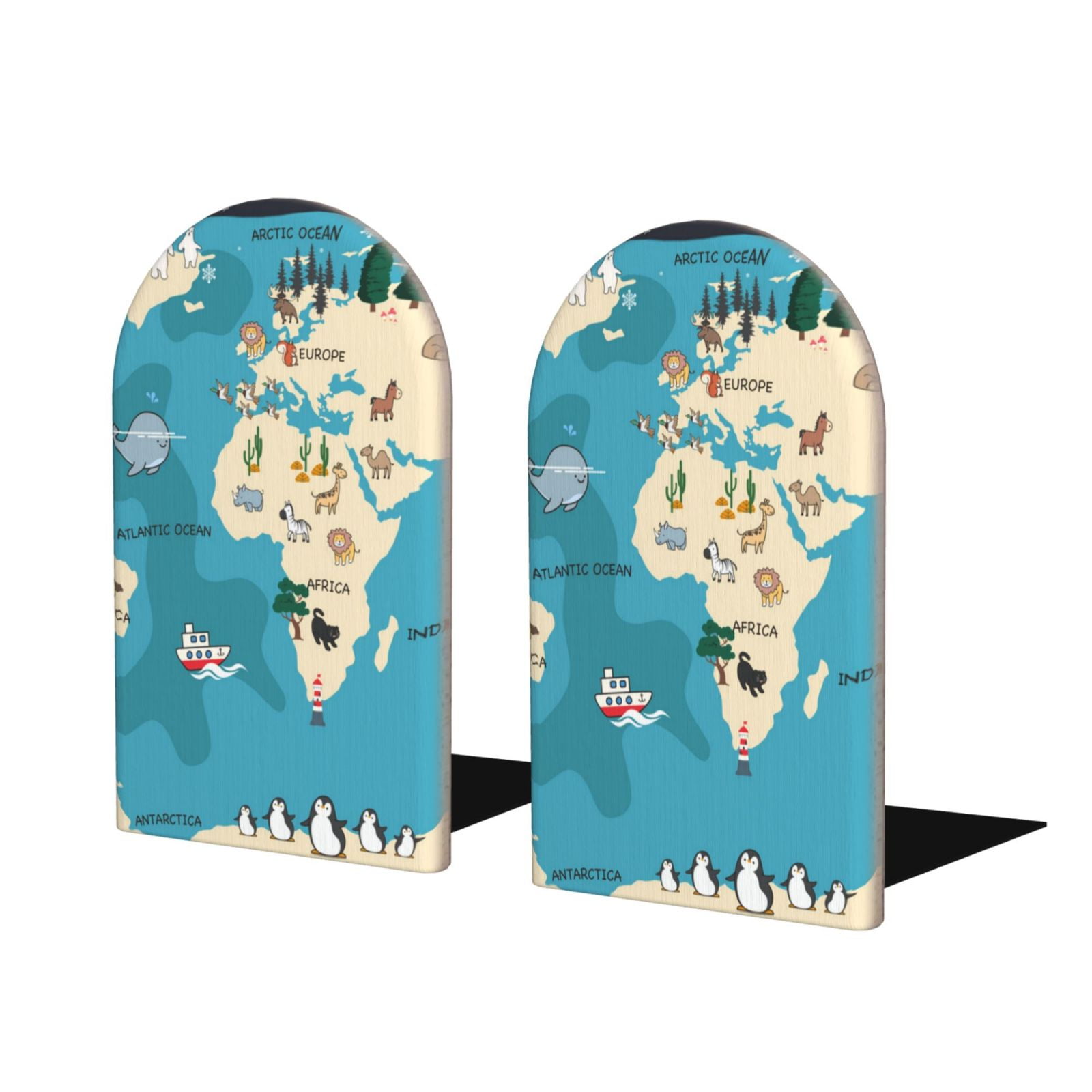Naloa World Map With Animal Wood Non-Skid Bookend for Shelves,Book Ends ...