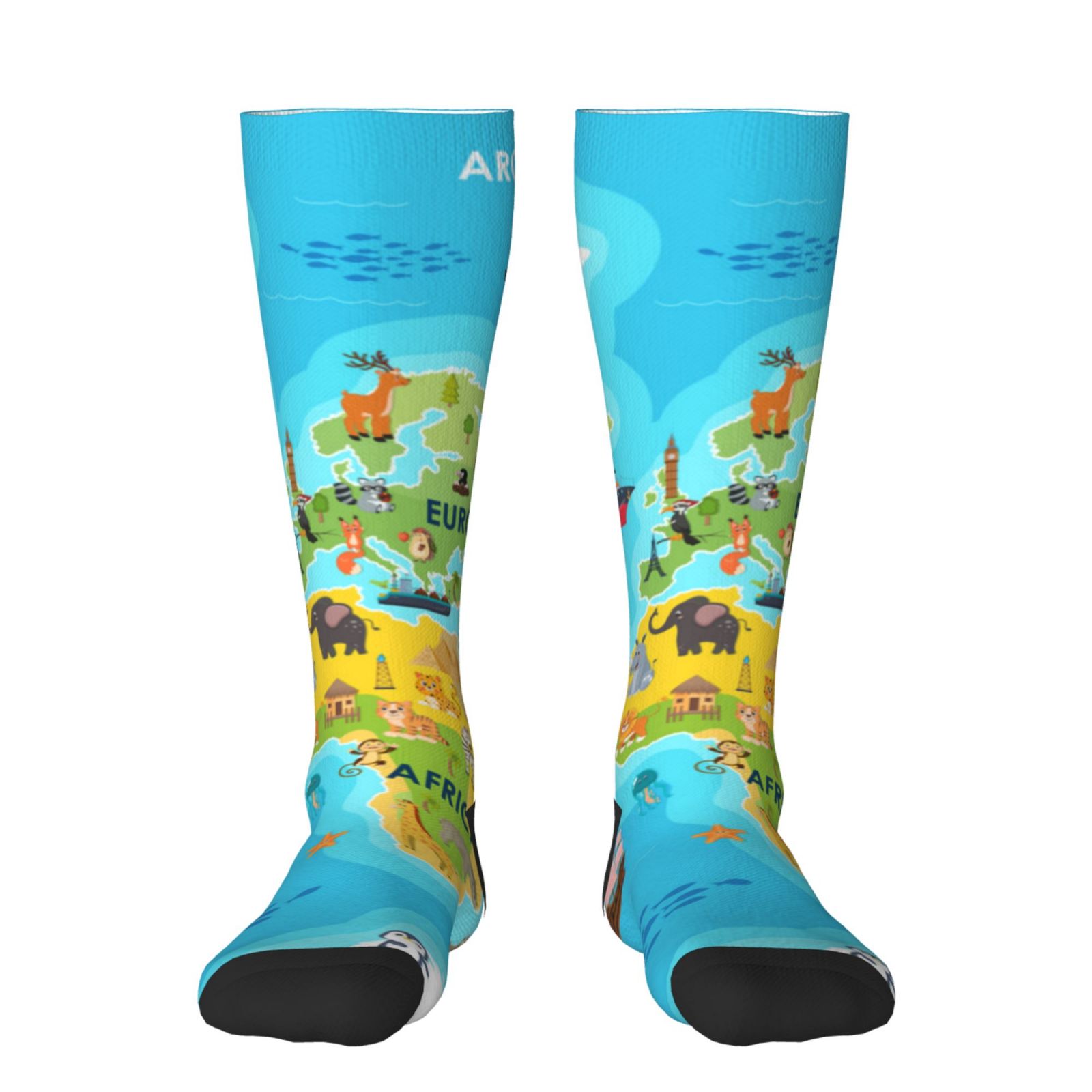 Naloa World Map With Animals Landmarks Knee Socks, High Socks Long ...