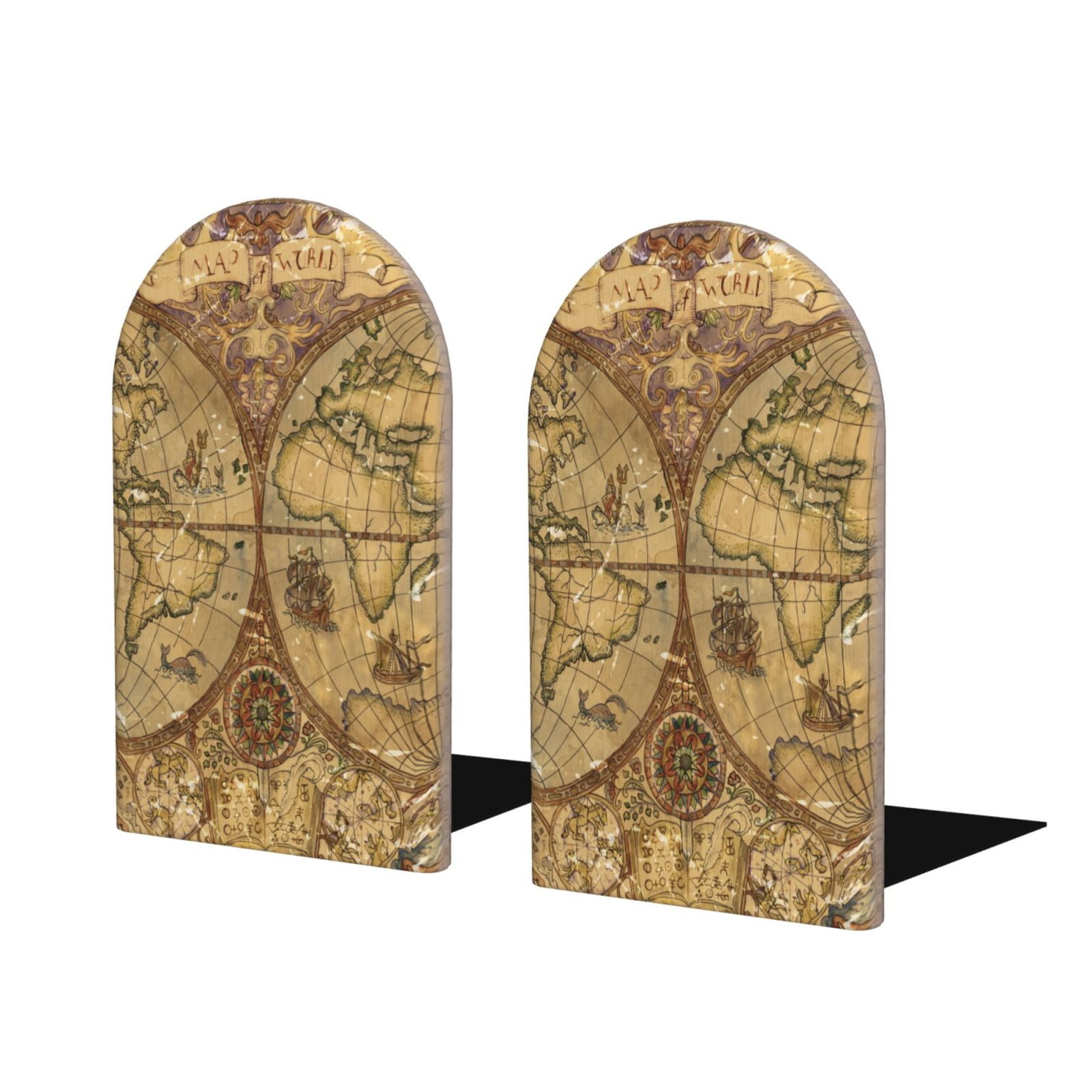 Naloa World Map1 Wood Non-Skid Bookend for Shelves,Book Ends for Heavy Books, Book Stand for CDs ...