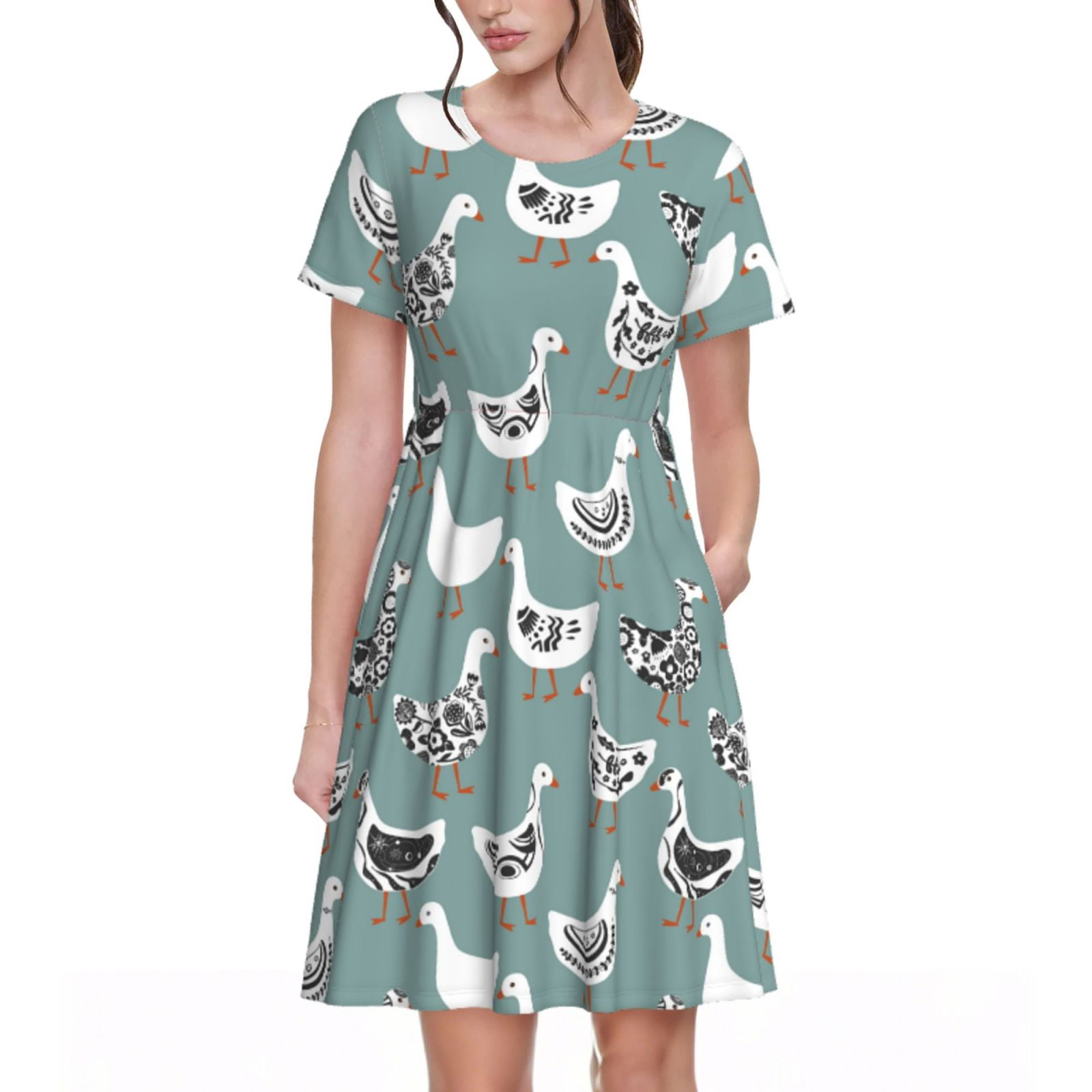 Naloa cartoon geese Print Womens Summer A-Line Dress with Pockets,Short ...